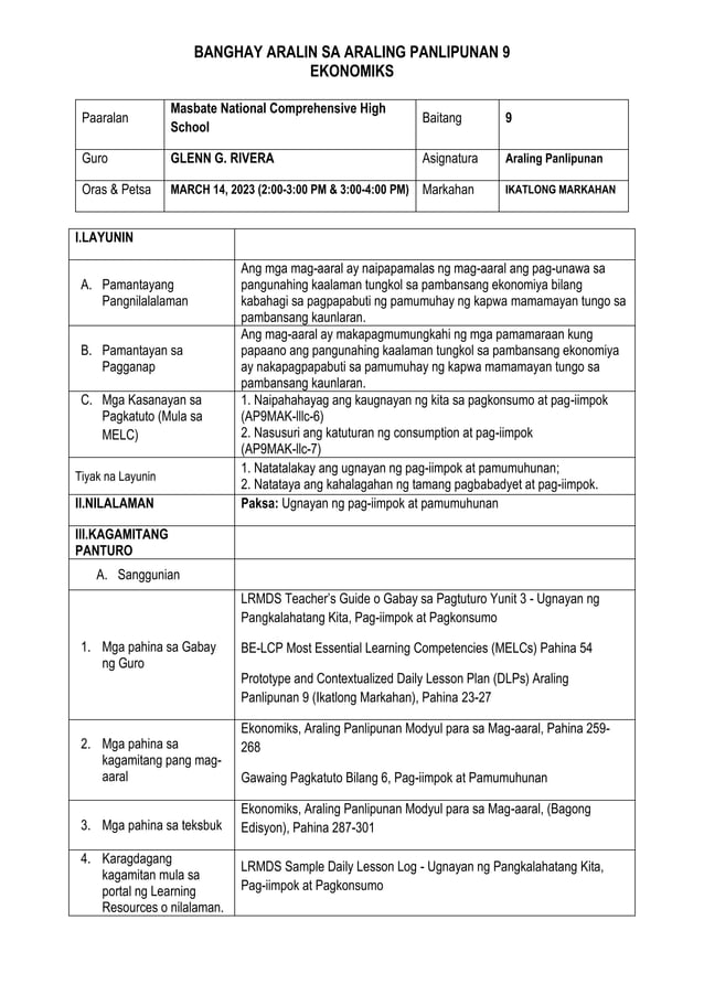 Detailed Lesson Plan - DLP - Araling Panlipunan 9 - Pag-iimpok at Pamumuhunan.docx