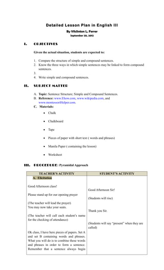 Detailed lesson plan sentence structure;simple & compound | DOC