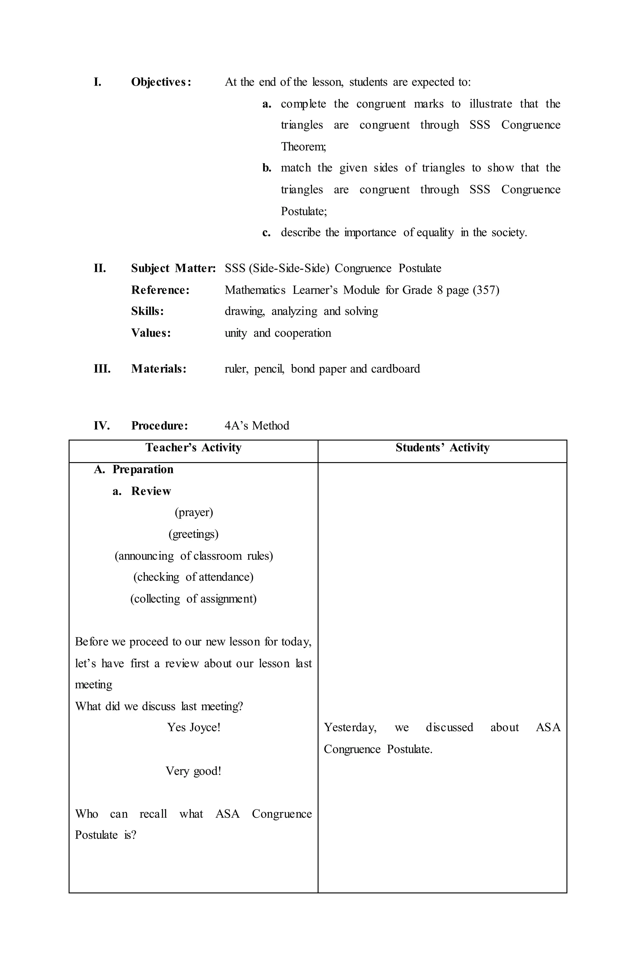 Detailed lesson plan sss congruence postulate | DOCX
