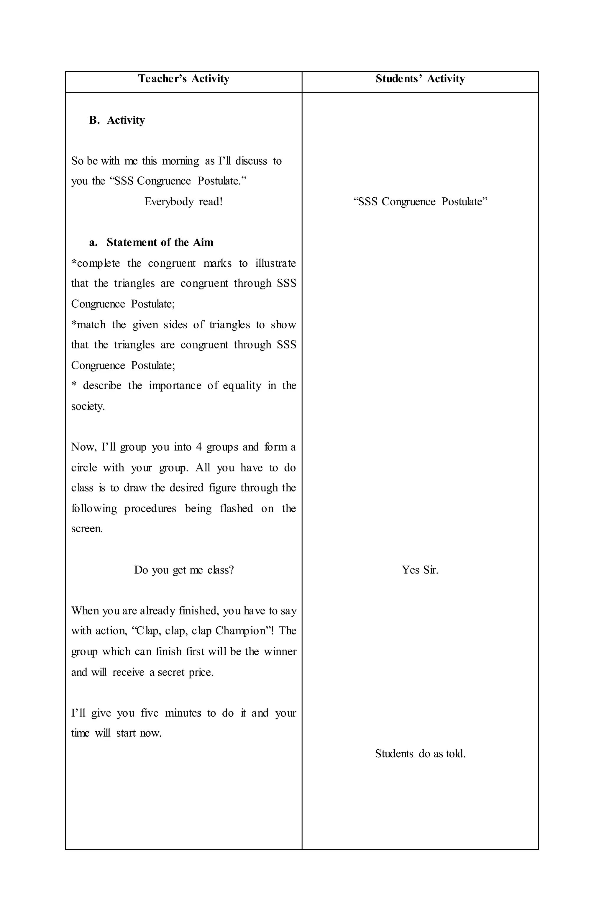 Detailed lesson plan sss congruence postulate | DOCX