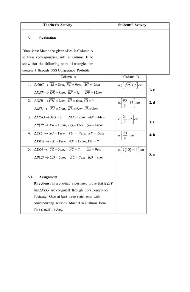Detailed lesson plan sss congruence postulate | PDF