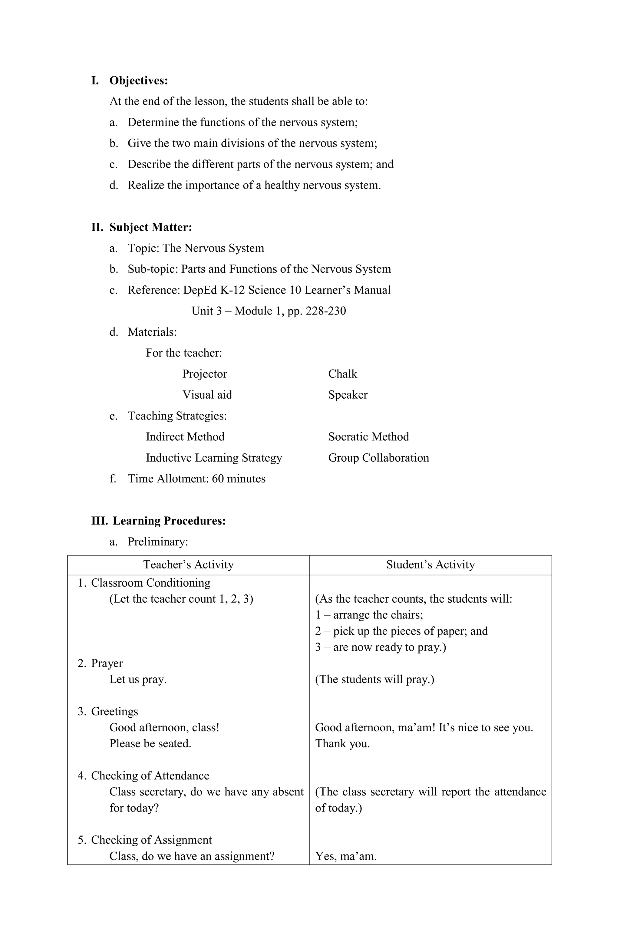Detailed Lesson Plan: The Nervous System | PDF