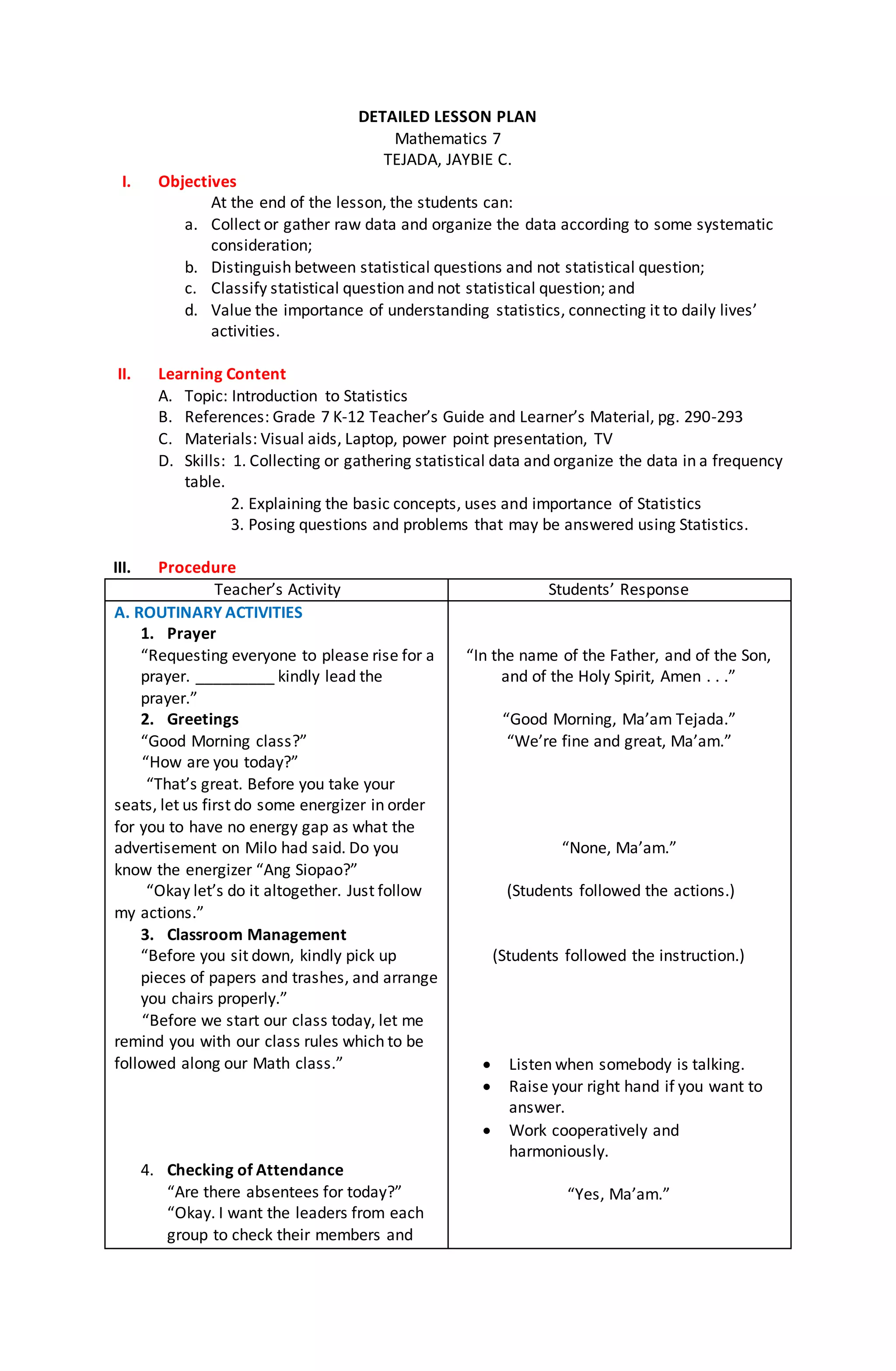 Lesson plan about statistics math 7 | DOCX