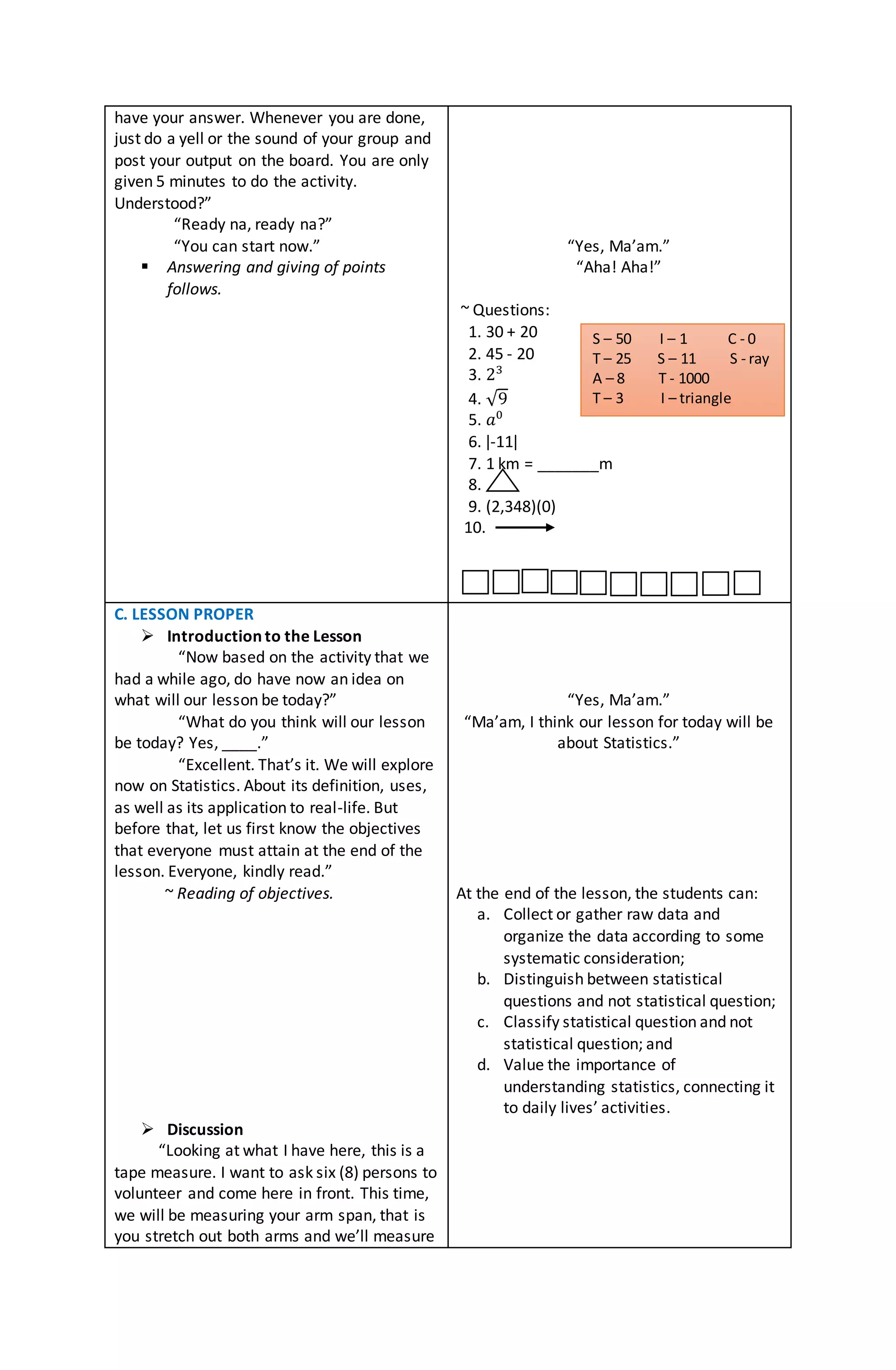 Lesson plan about statistics math 7 | DOCX