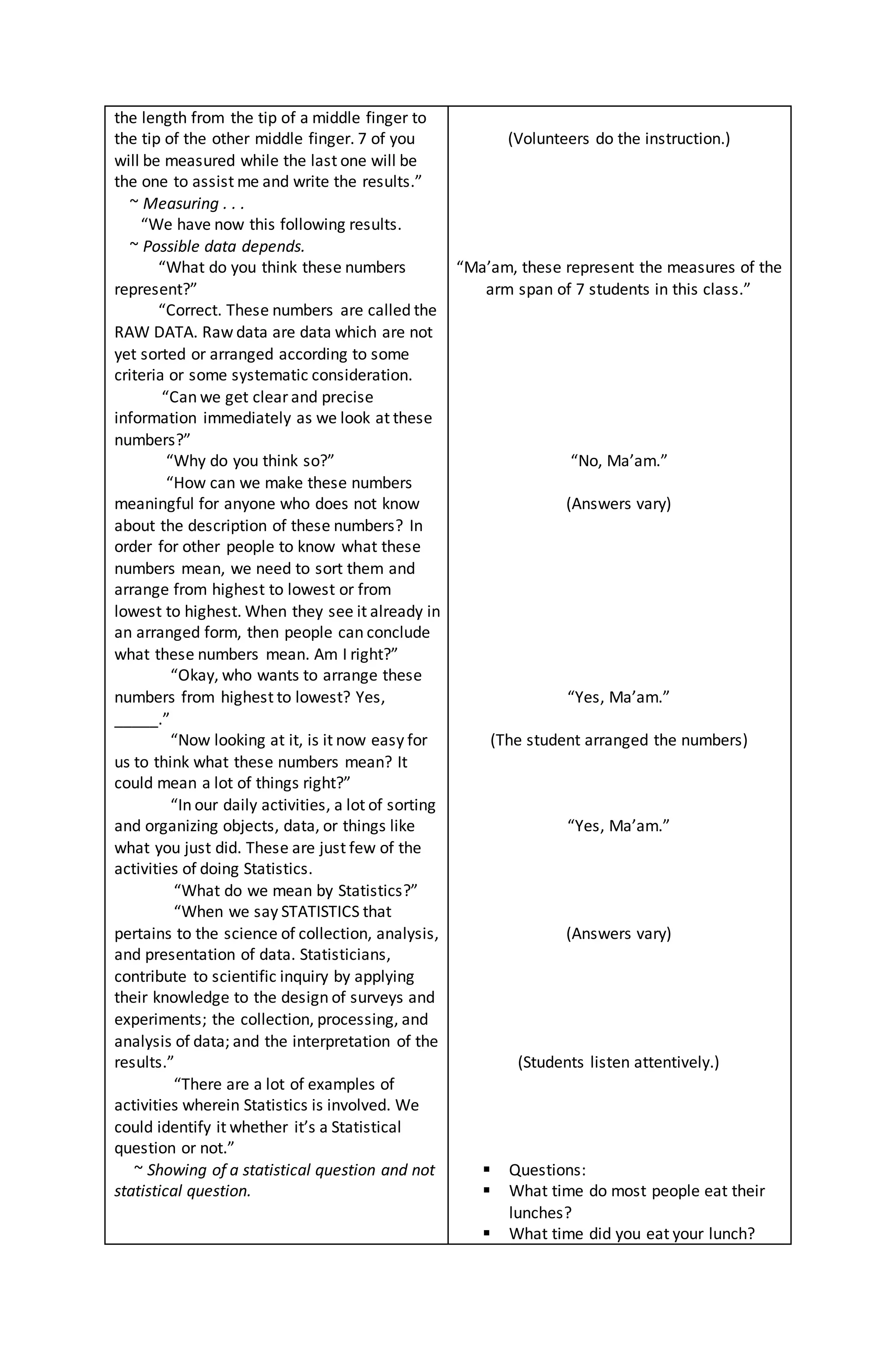 Lesson plan about statistics math 7 | DOCX