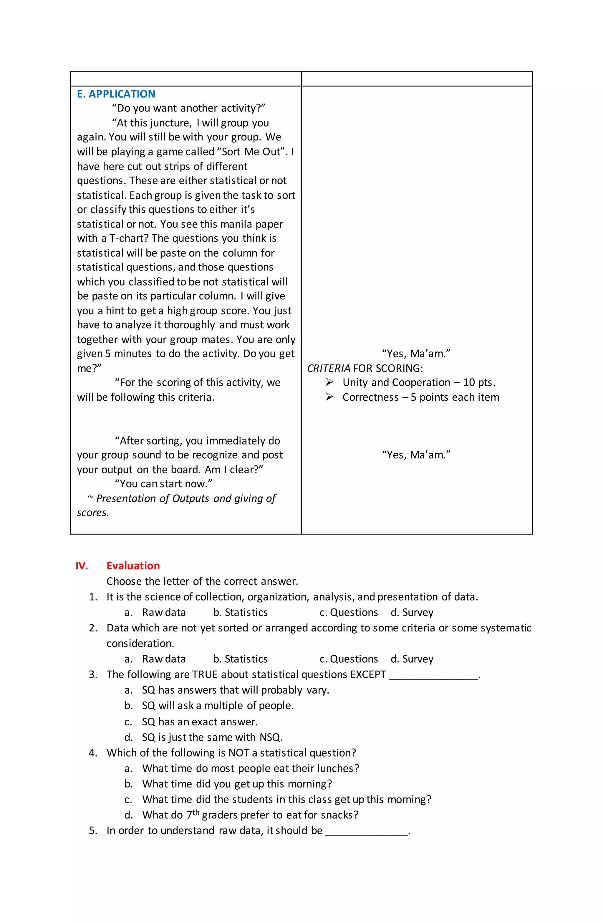 Lesson plan about statistics math 7 | DOCX