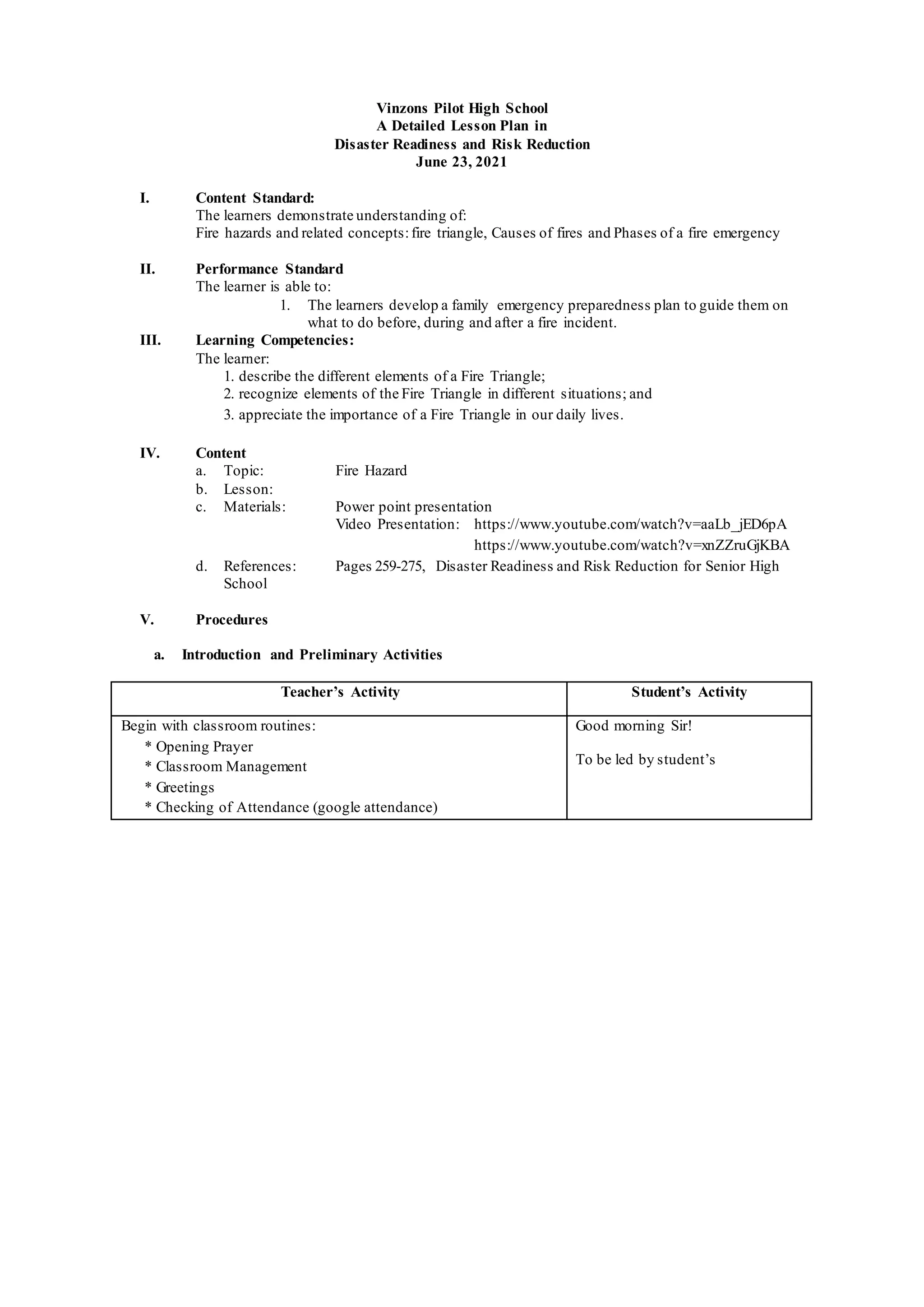 Detailed lesson plan fire hazard 4th | DOCX