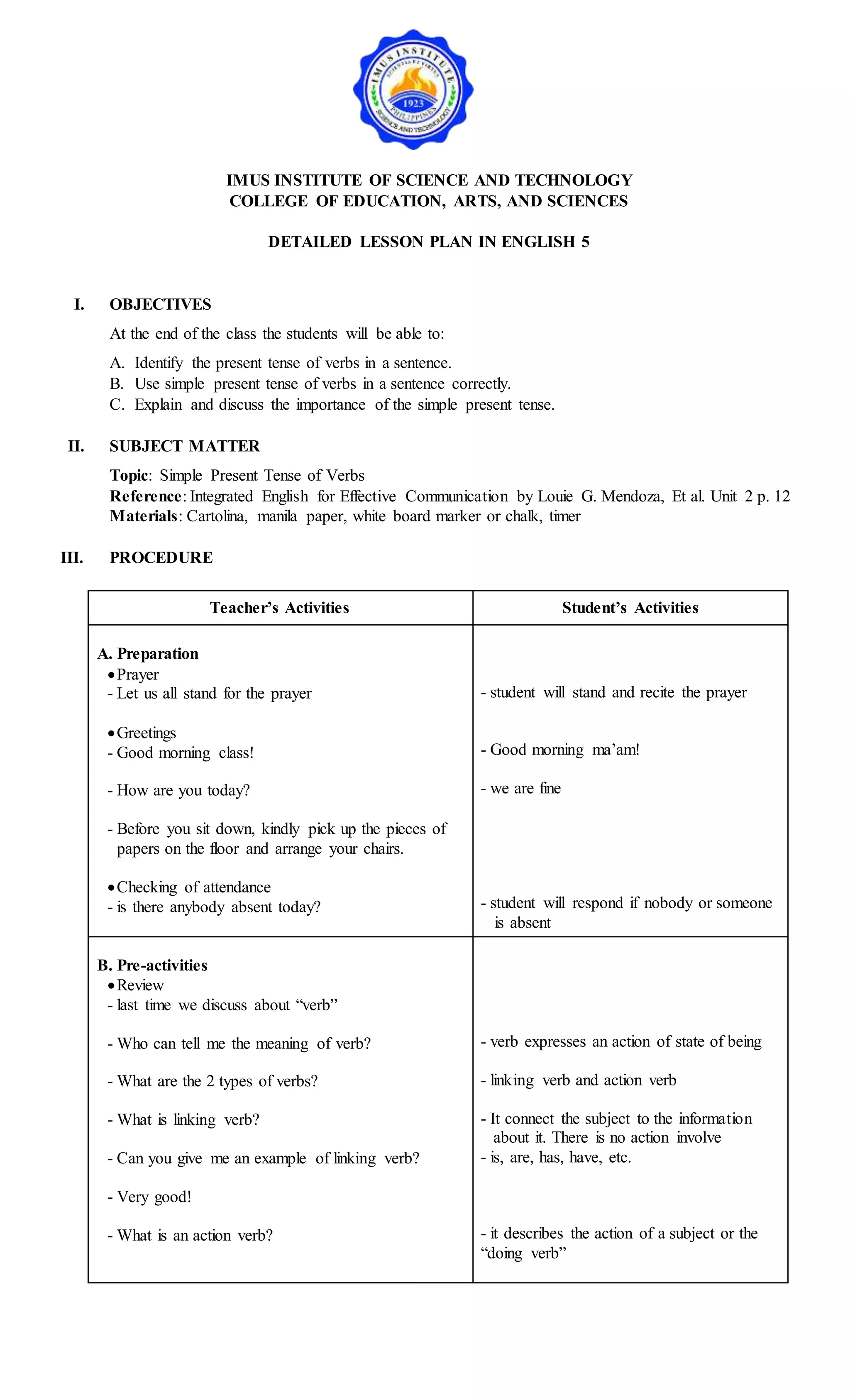 Detailed lesson plan for simple tense of verbs 5 | DOCX