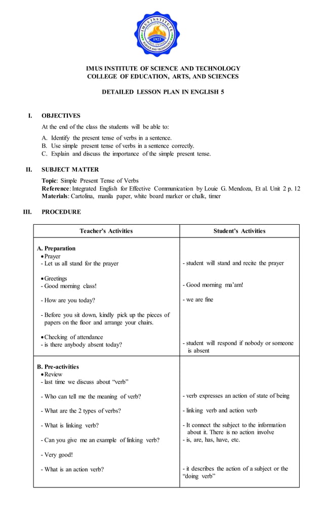 Detailed lesson plan for simple tense of verbs 5 | DOCX