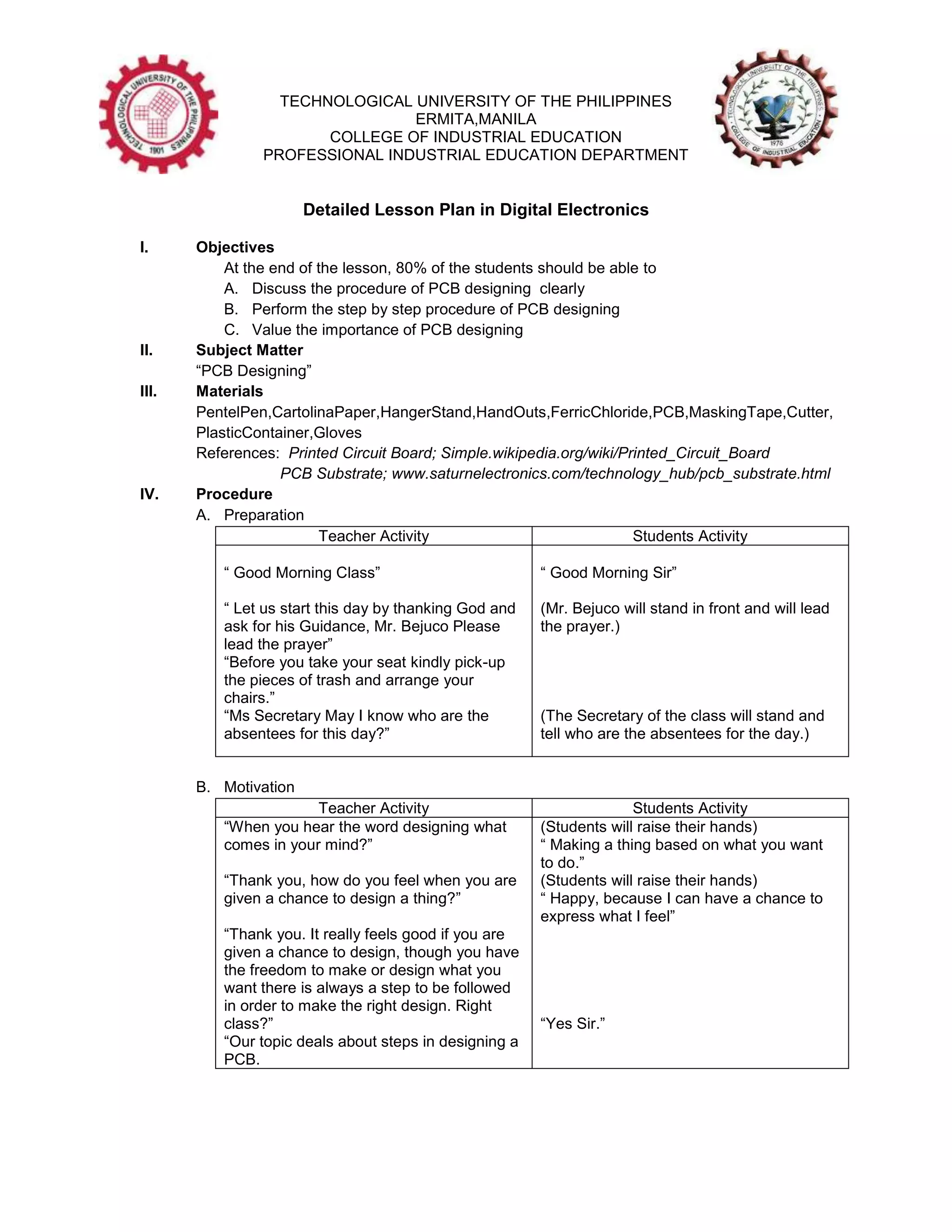 Sample Detailed Lesson Plan in Digital Electronics - PCB Designing | DOCX