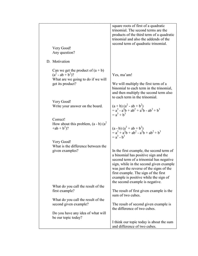 Semi Detailed Lesson Plan Grade 9 Quadratic Equation