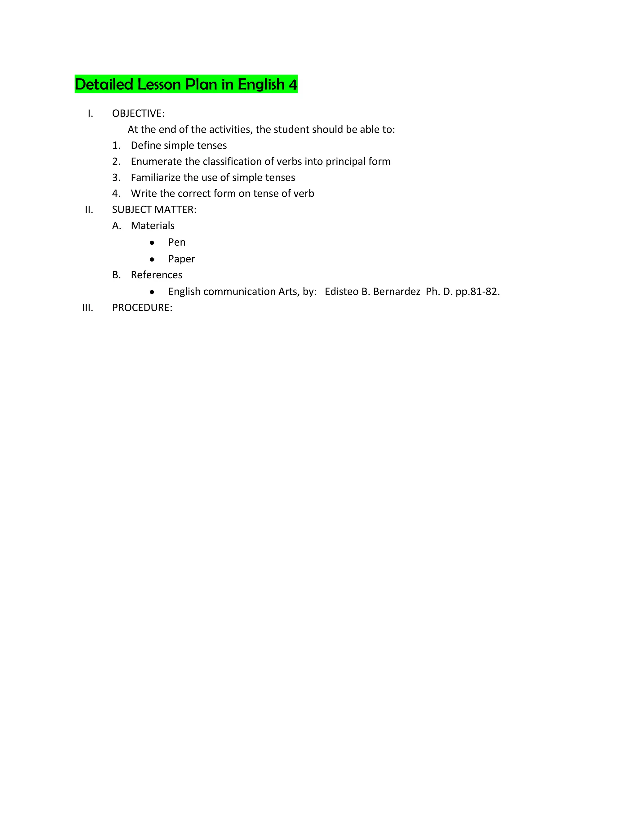 Detailed lesson plan in english 4 | DOCX