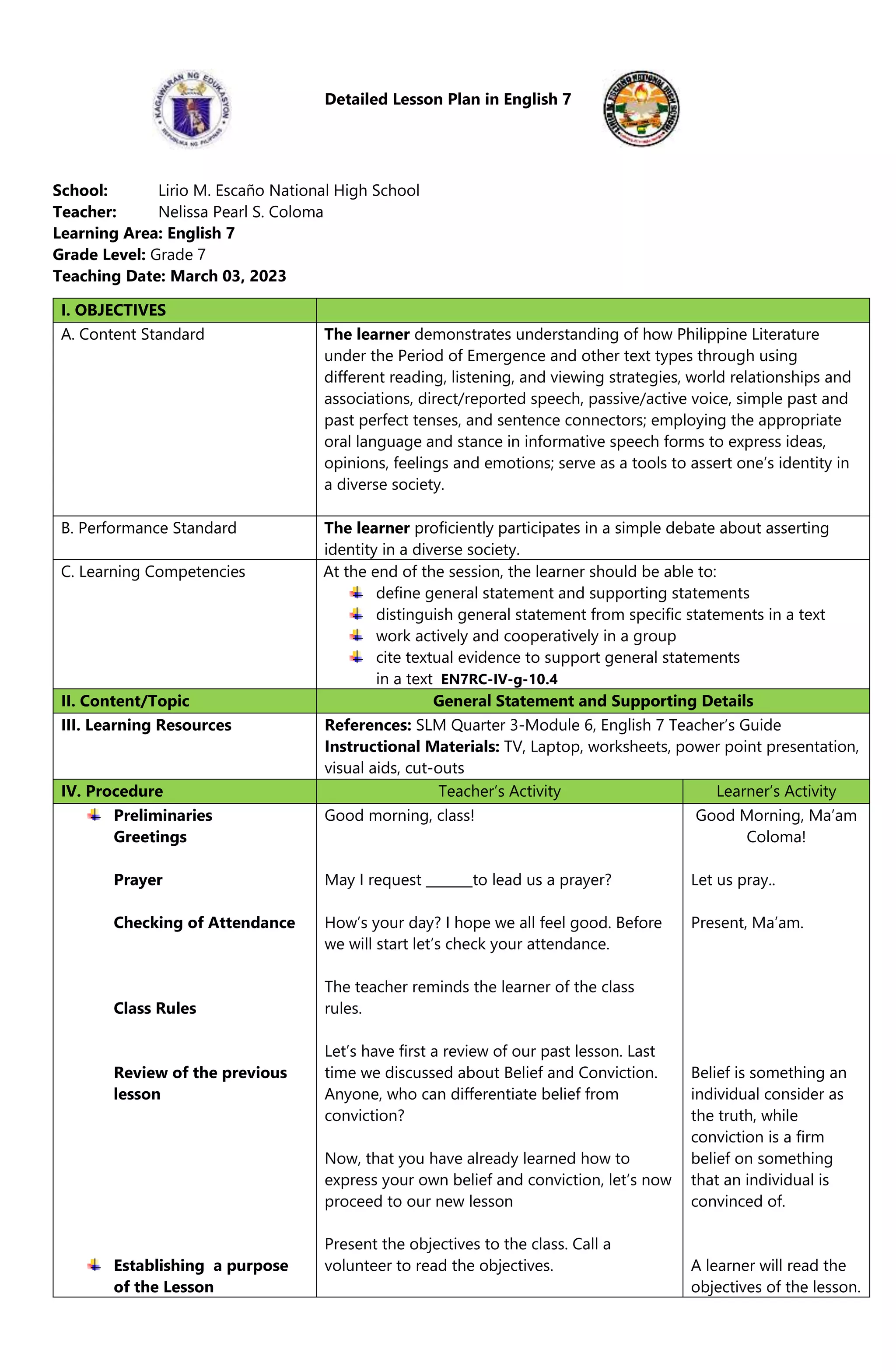 Detailed Lesson Plan for English 7 | DOCX