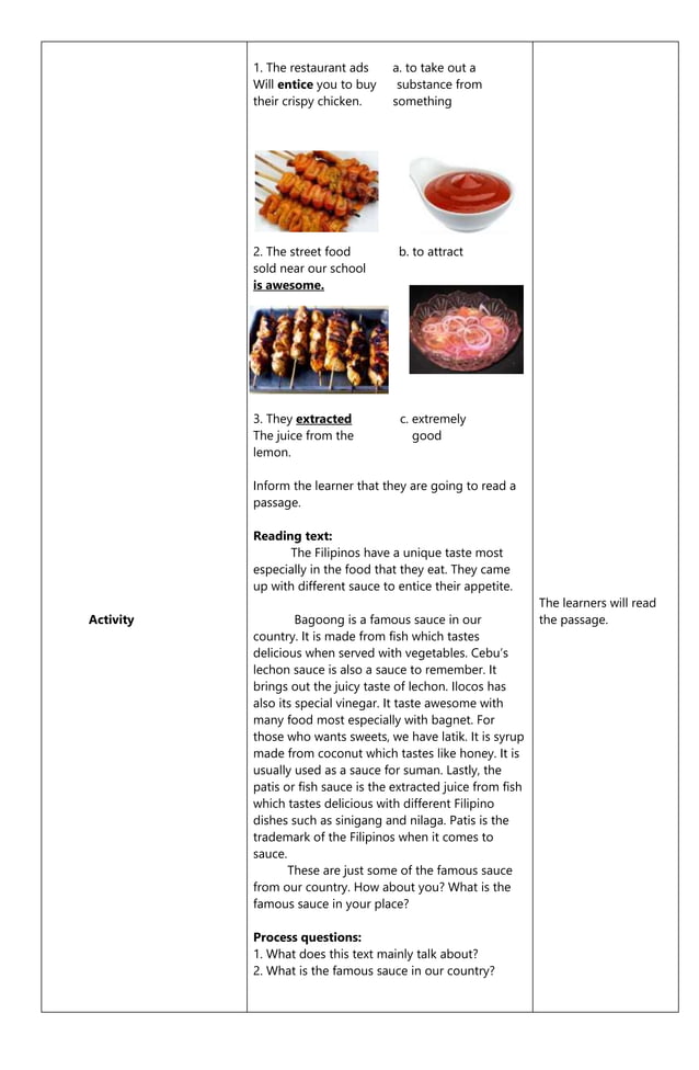 Detailed Lesson Plan for English 7 | DOCX | Food & Drink