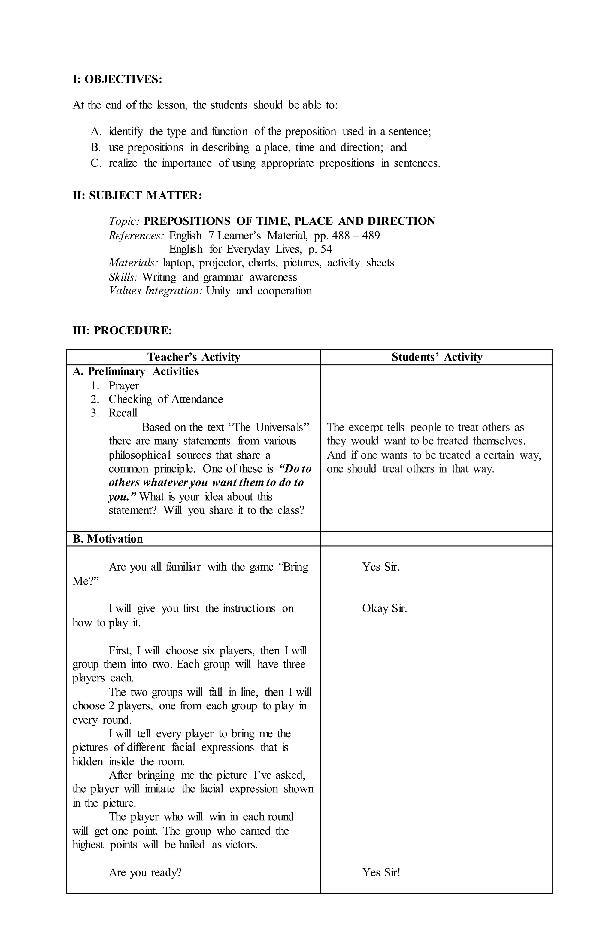Detailed Lesson Plan in English 7 (Prepositions) | DOCX