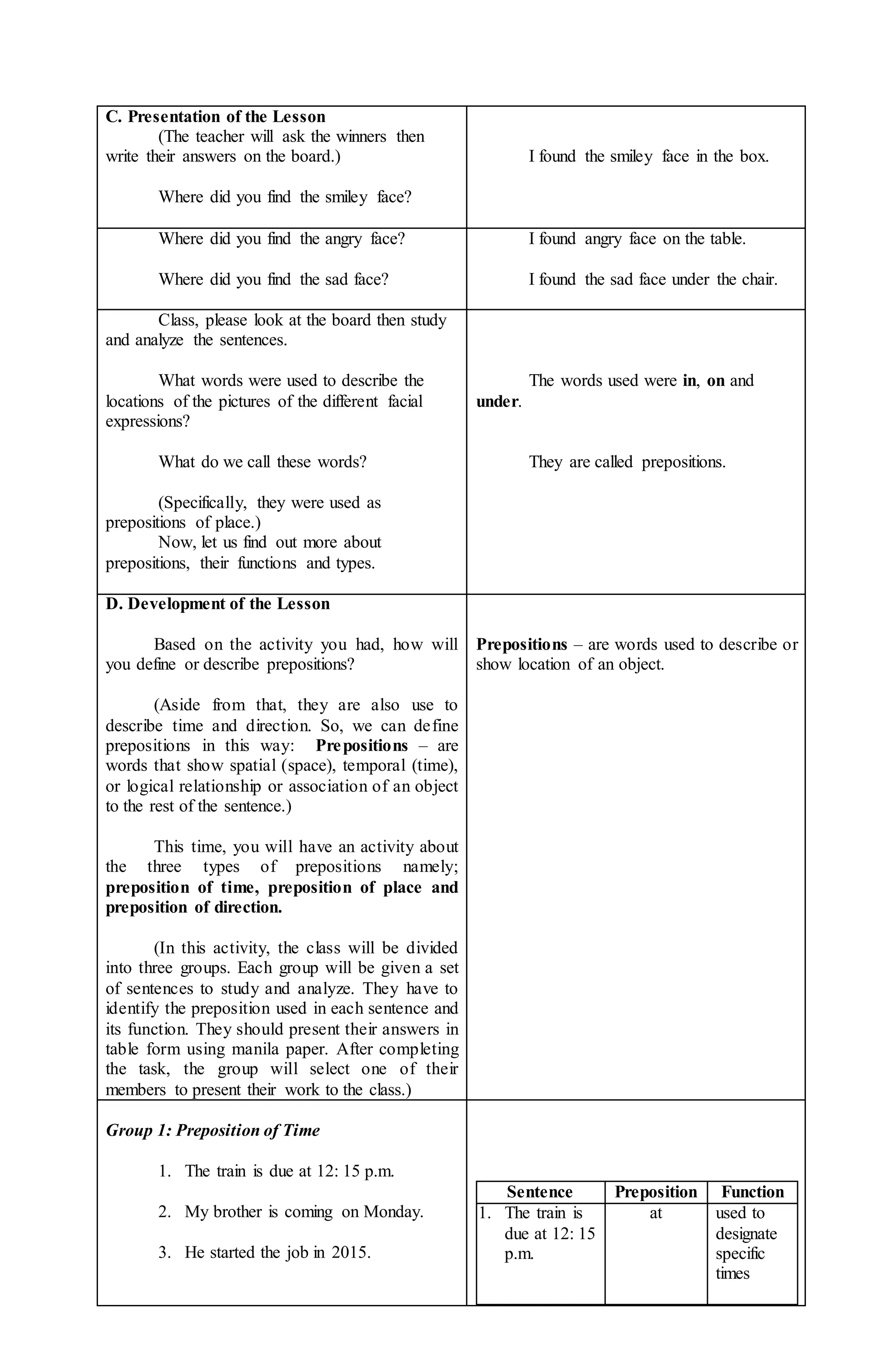 Detailed Lesson Plan in English 7 (Prepositions) | DOCX