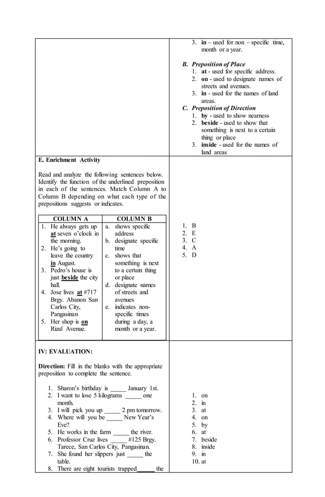 Detailed Lesson Plan in English 7 (Prepositions) | DOCX | Homework and ...