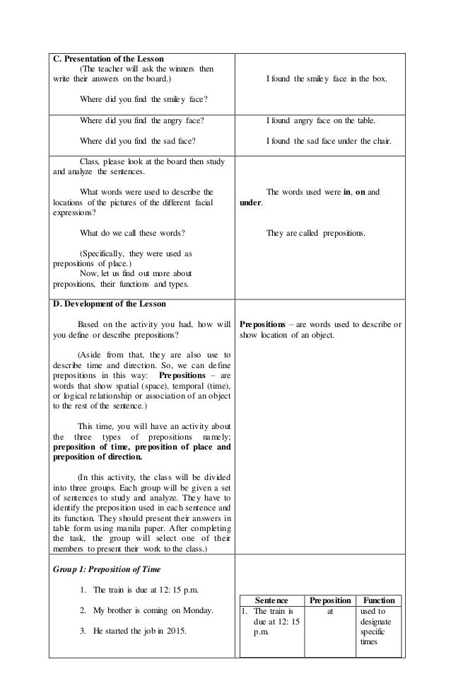 Detailed Lesson Plan in English 7 (prepositions)