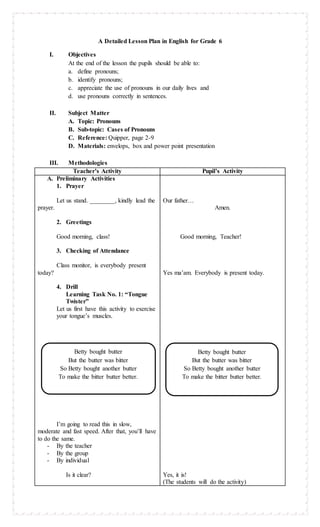 Detailed Lesson Plan in English for Grade 6 Cases of Pronouns | DOCX