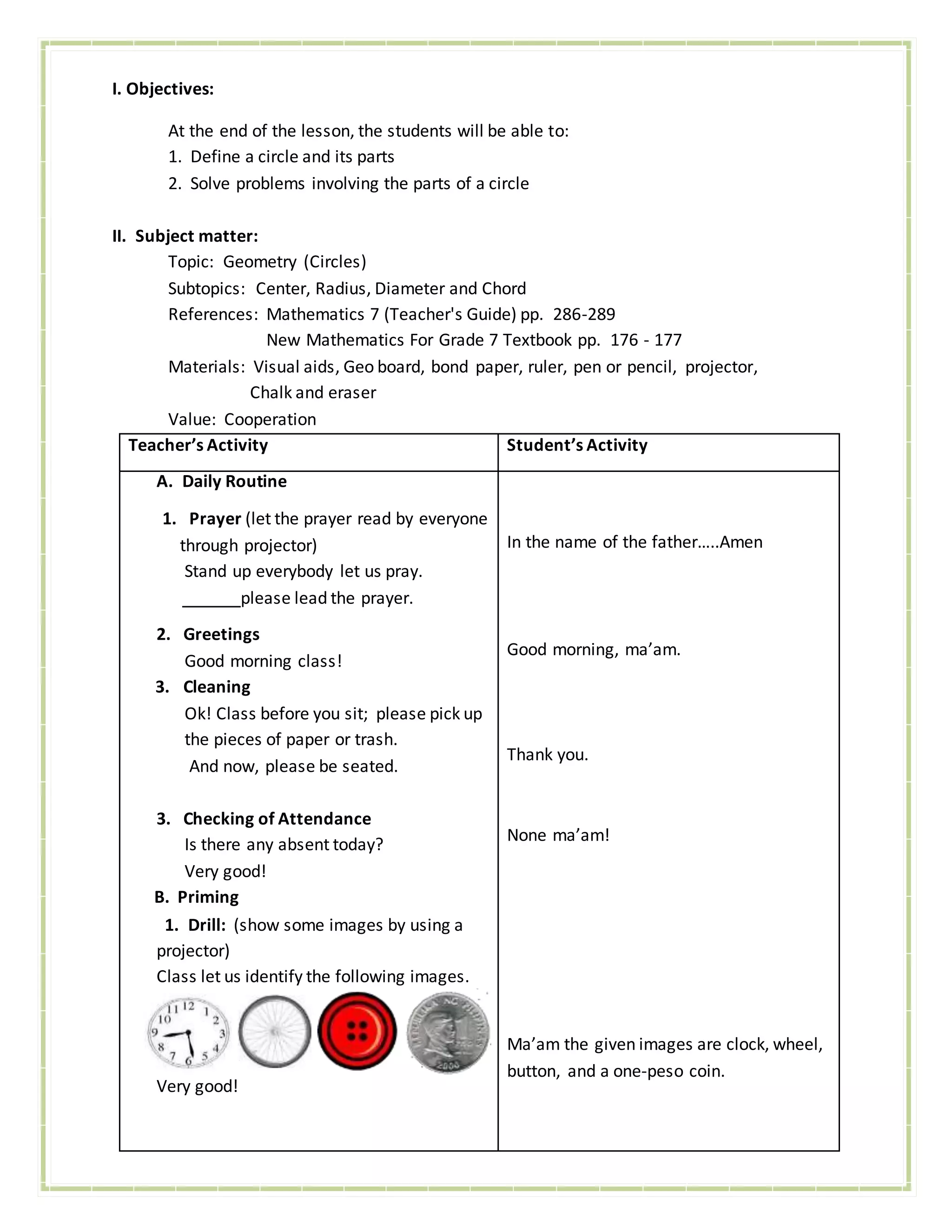 Detailed lesson plan in mathematics 7 (circles) | DOCX