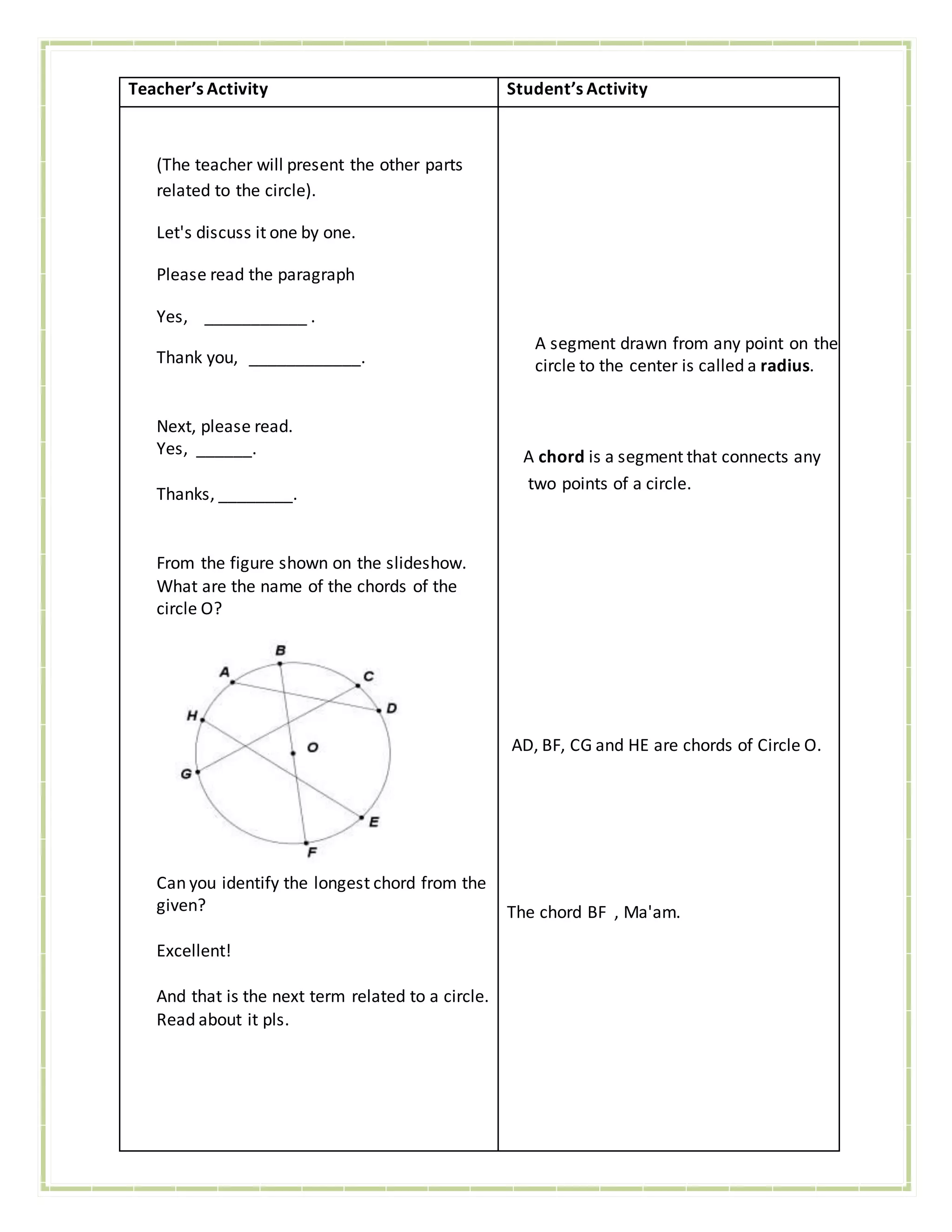 Detailed lesson plan in mathematics 7 (circles) | DOCX