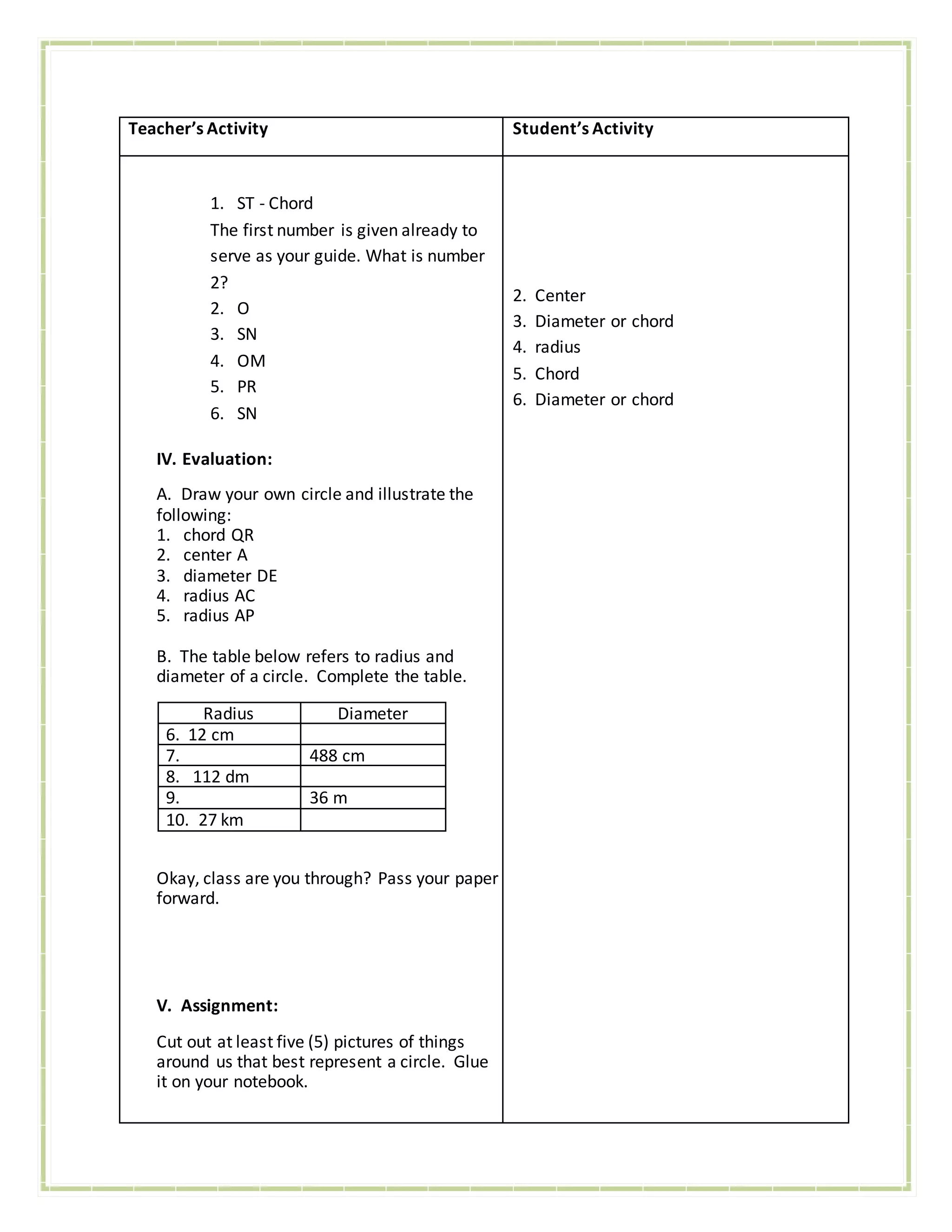 Detailed lesson plan in mathematics 7 (circles) | DOCX