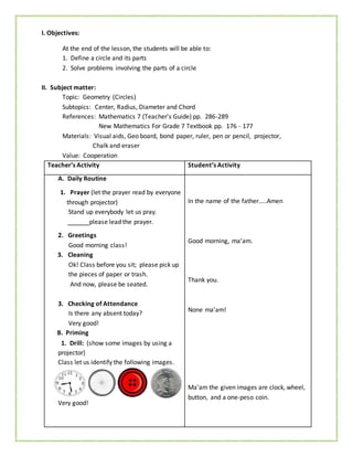 Detailed lesson plan in mathematics 7 (circles) | DOCX
