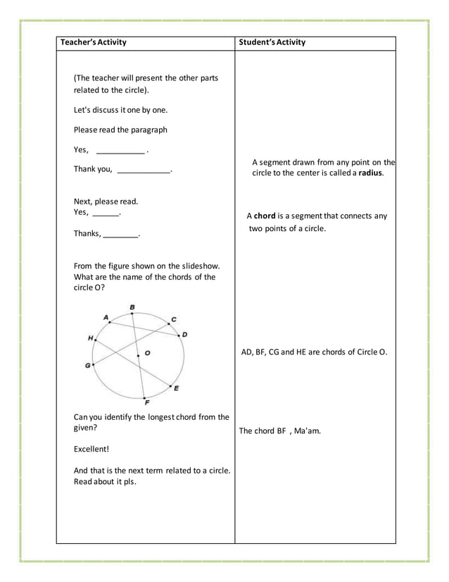 Detailed lesson plan in mathematics 7 (circles) | DOCX
