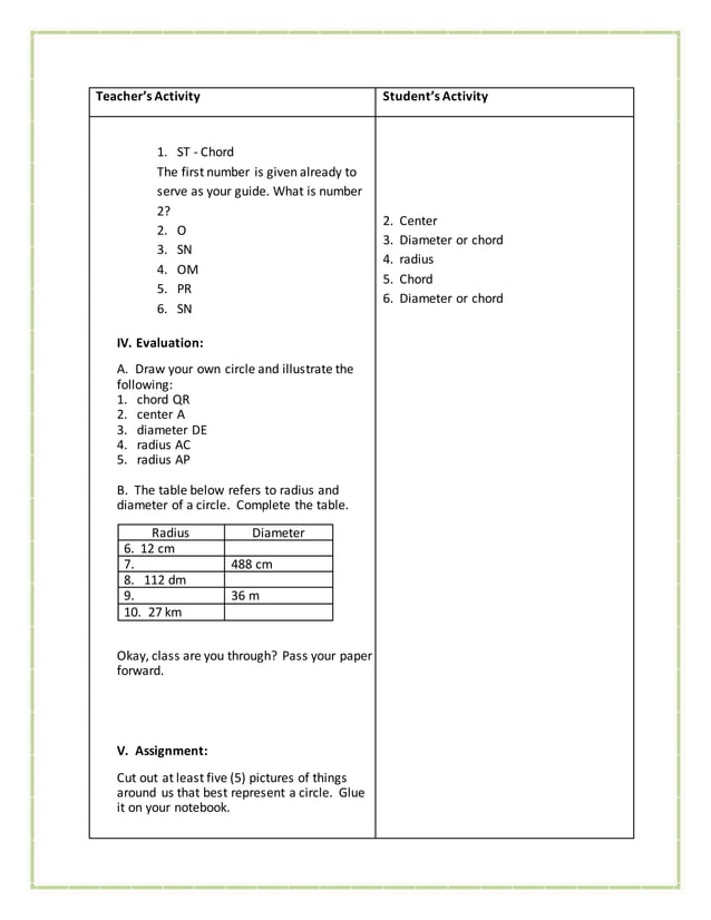 Detailed lesson plan in mathematics 7 (circles) | DOCX