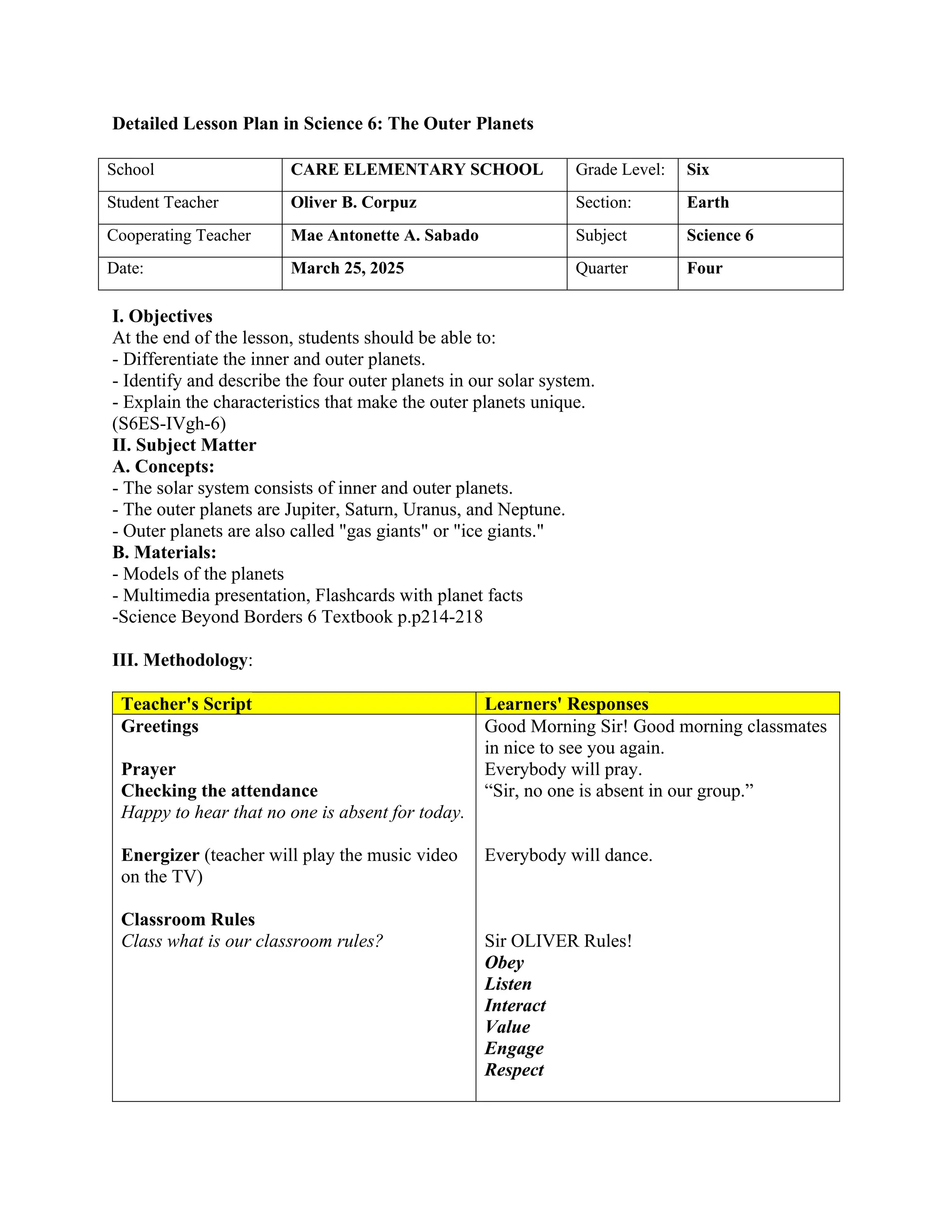 a lesson plan in teaching demontration in science 6 quarter 4 week 7 by ...