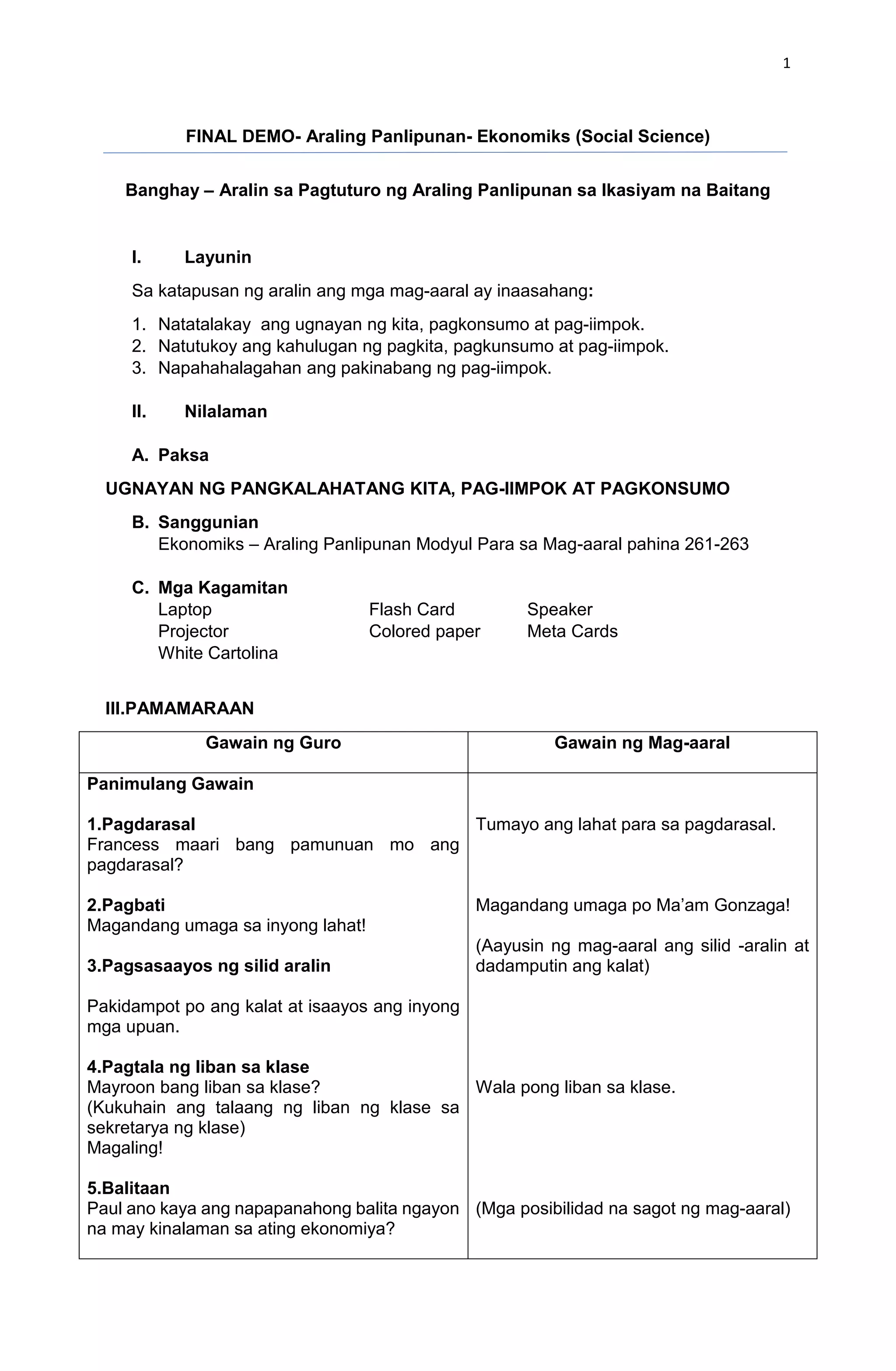 Detailed lesson plan ugnayan ng kita, pagkonsumo at pag iimpok | PDF