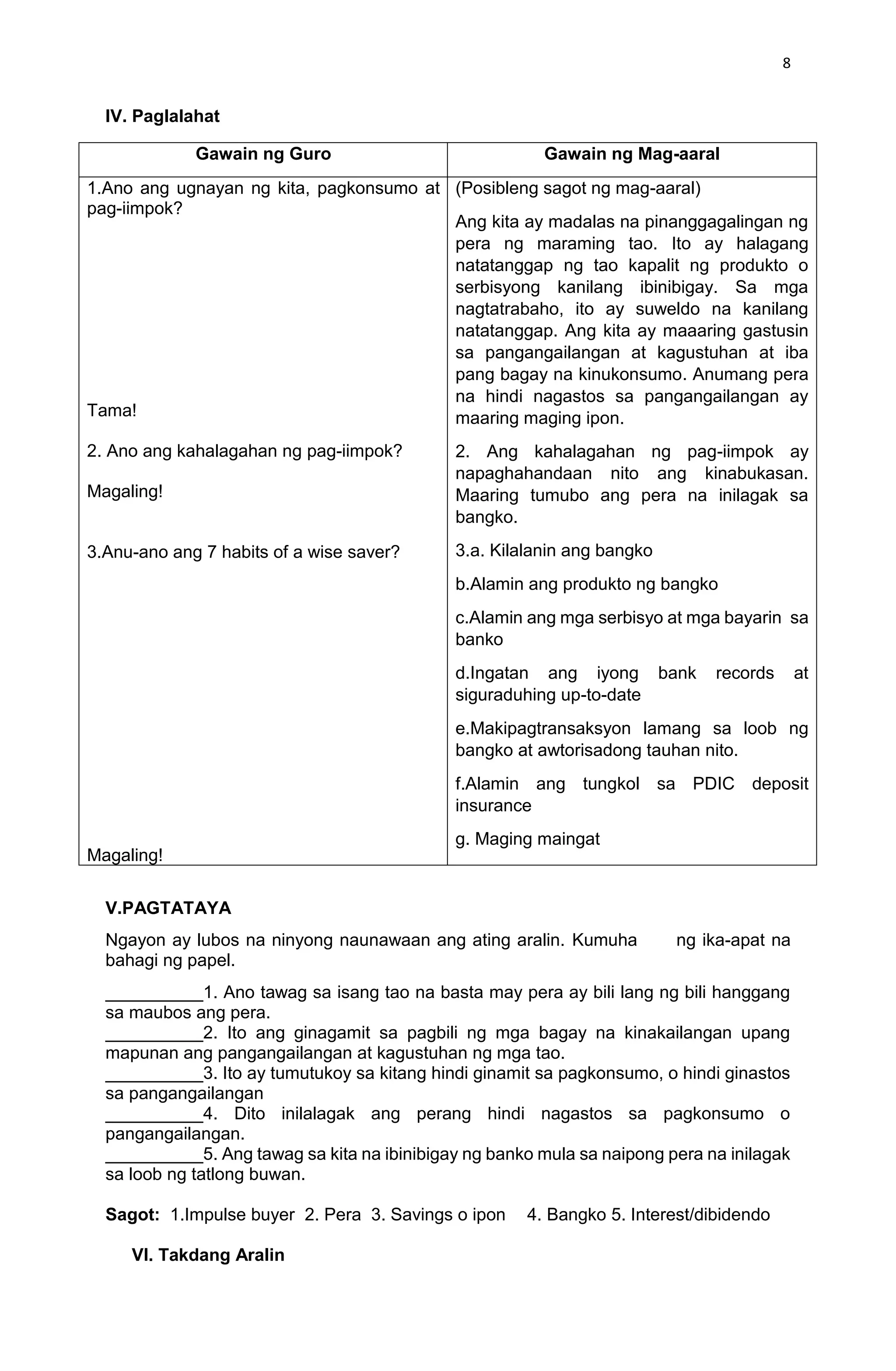 Detailed lesson plan ugnayan ng kita, pagkonsumo at pag iimpok | PDF