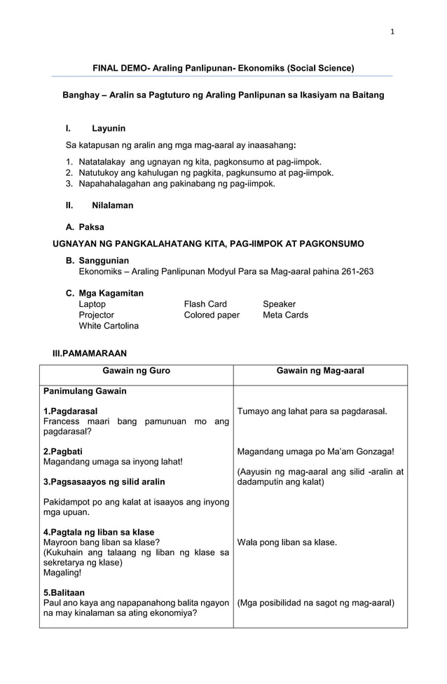 Detailed lesson plan ugnayan ng kita, pagkonsumo at pag iimpok | PDF