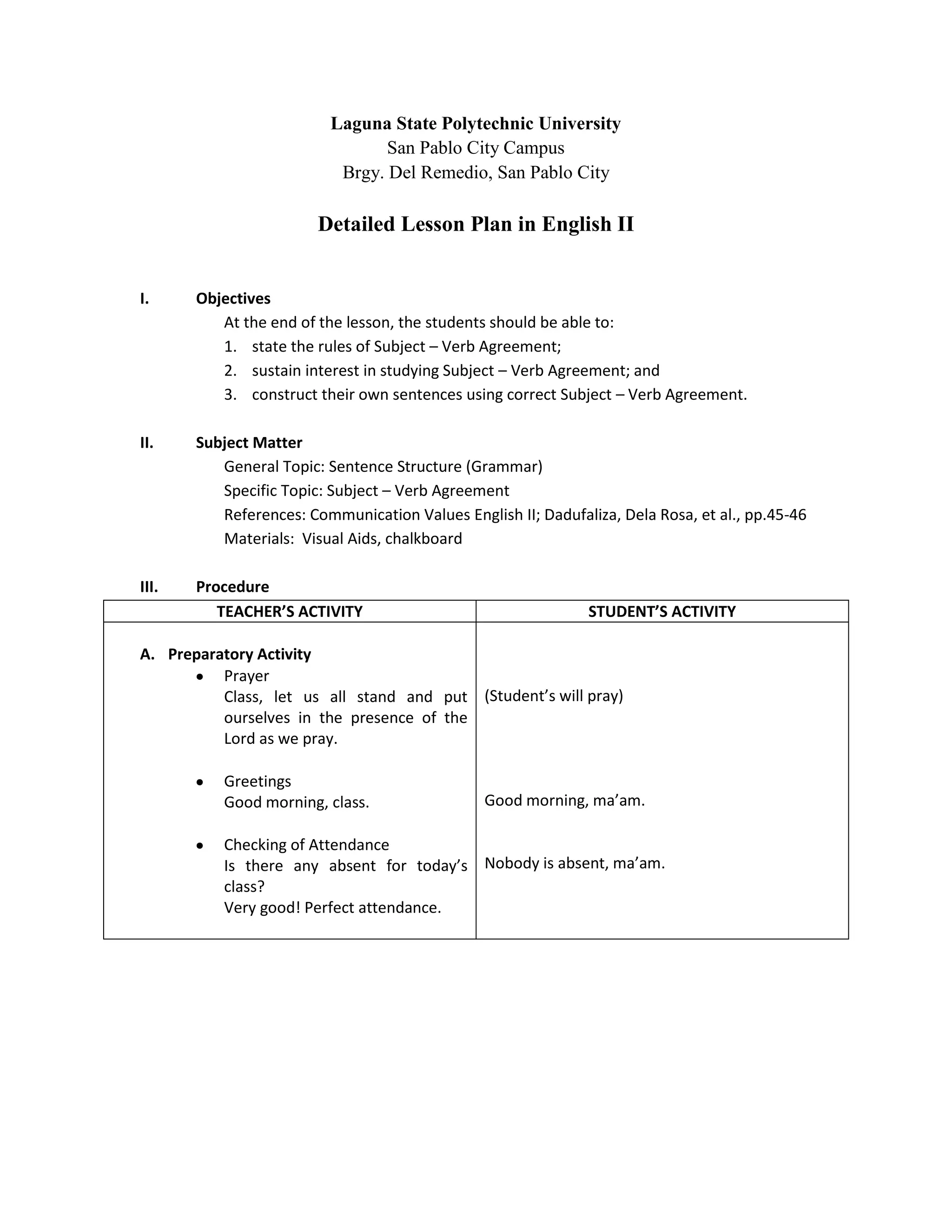 Detailed Lesson Plan: Subject-Verb Agreement | DOCX