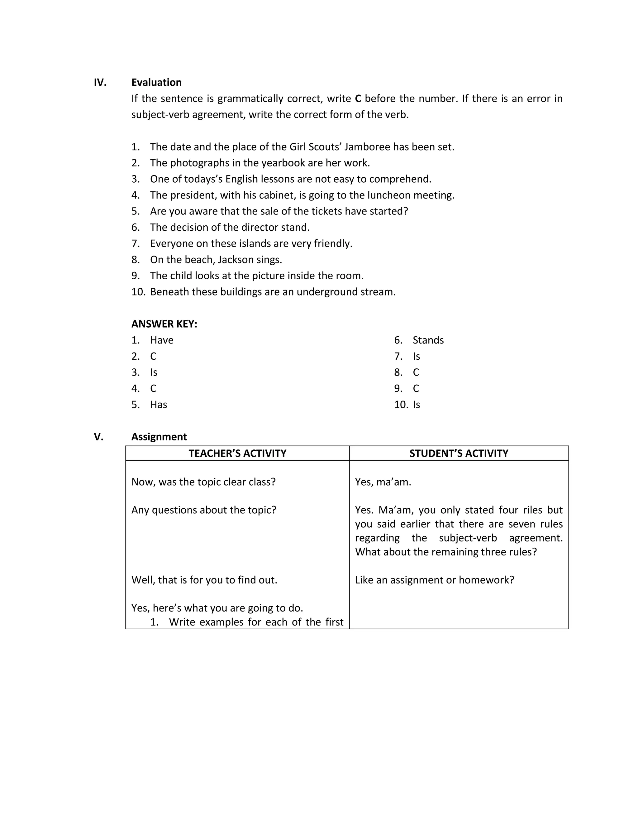 Detailed Lesson Plan: Subject-Verb Agreement | DOCX