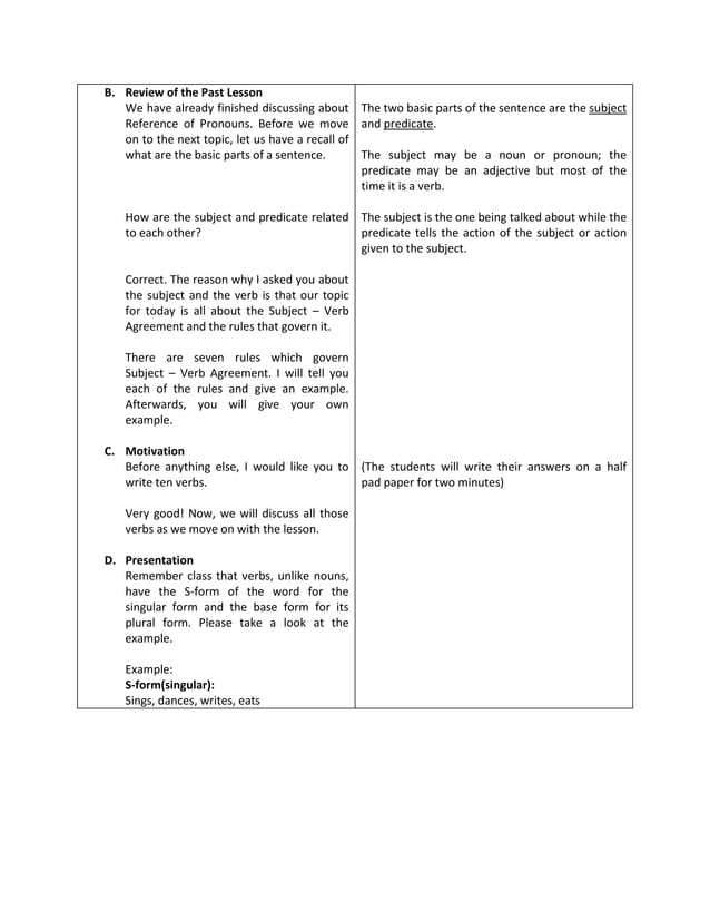 Detailed Lesson Plan: Subject-Verb Agreement | DOCX | Homework and ...