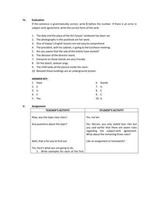 Detailed Lesson Plan: Subject-Verb Agreement | DOCX