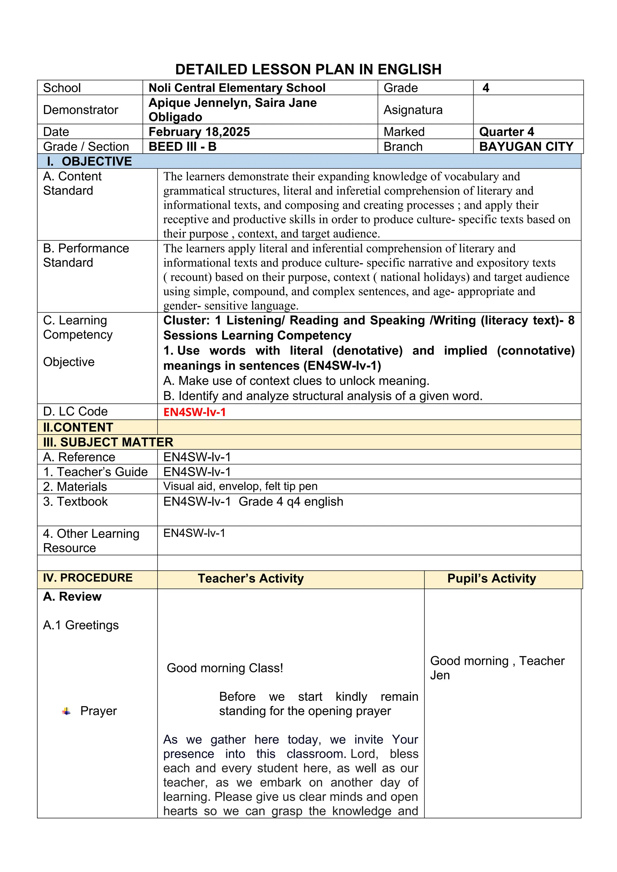 DETAILED LESSON PLAN IN ENGLISH 4 QUARTER WEEK 2H | DOCX
