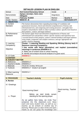 DETAILED LESSON PLAN IN ENGLISH 4 QUARTER WEEK 2H | DOCX
