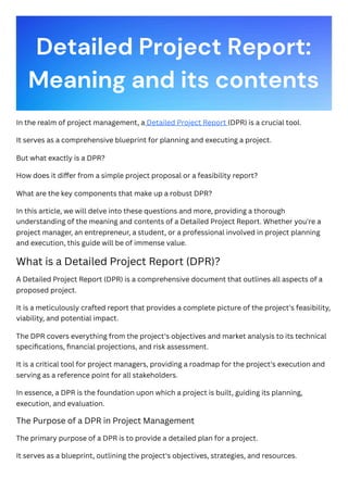 Detailed Project Report: Meaning and it's Content | PDF