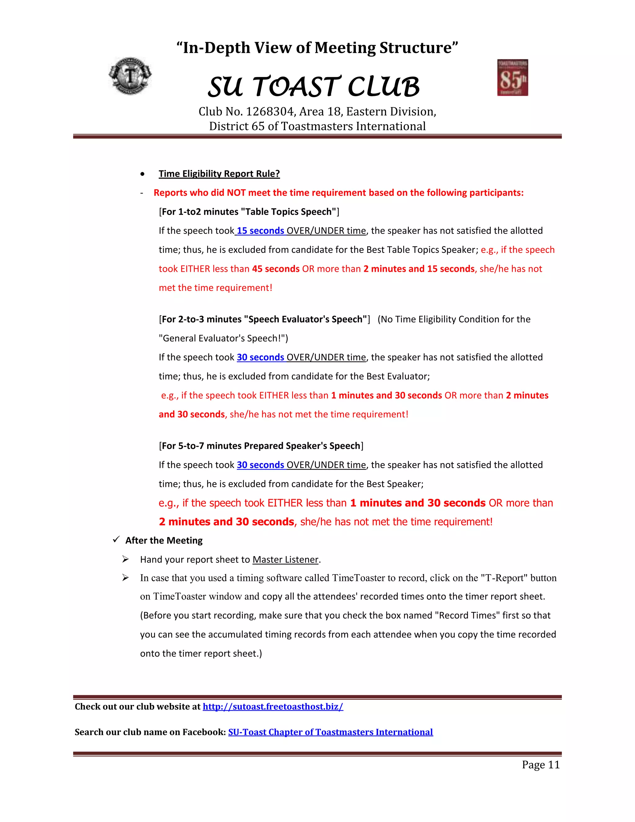 SU Toast Toastmasters Meeting Roles | DOCX