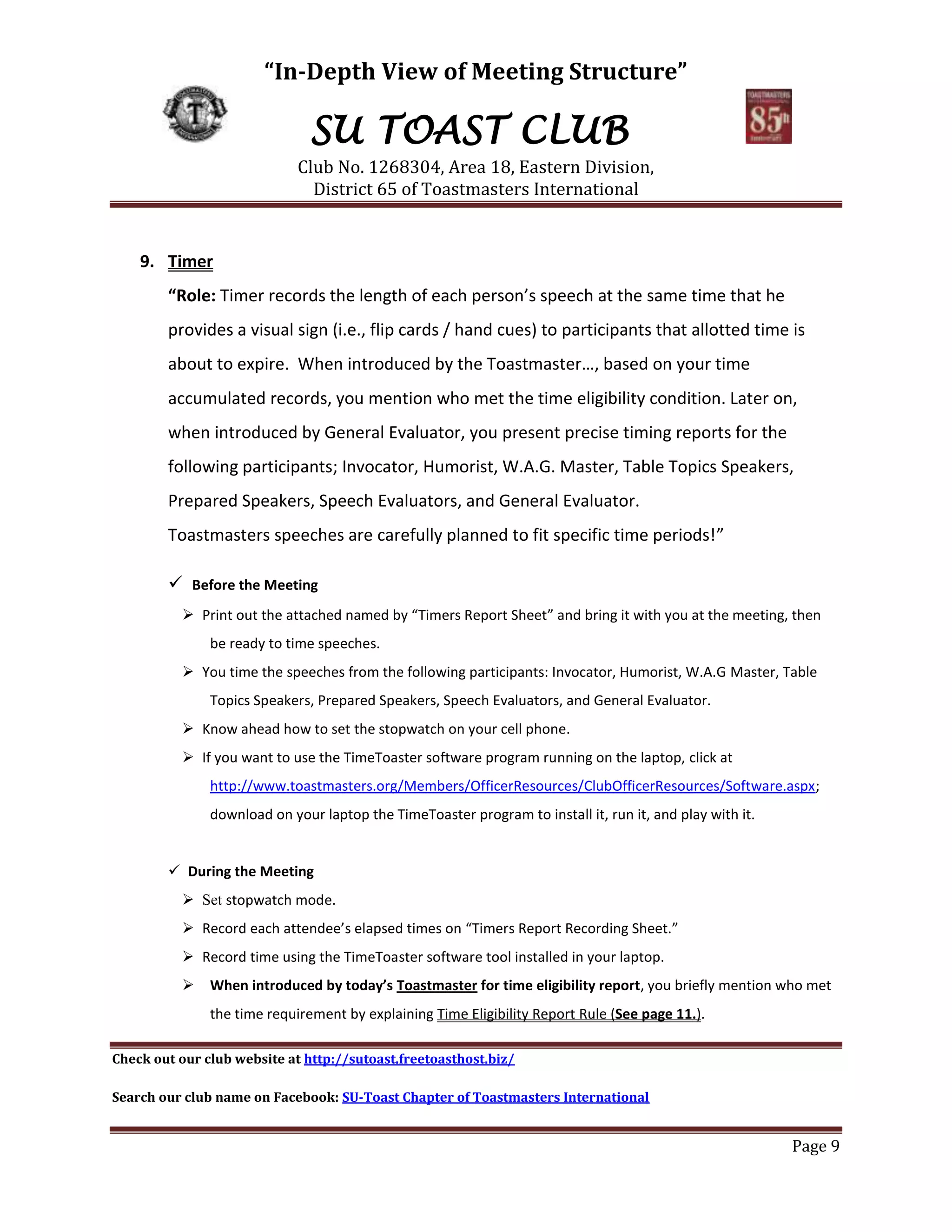 SU Toast Toastmasters Meeting Roles | DOCX