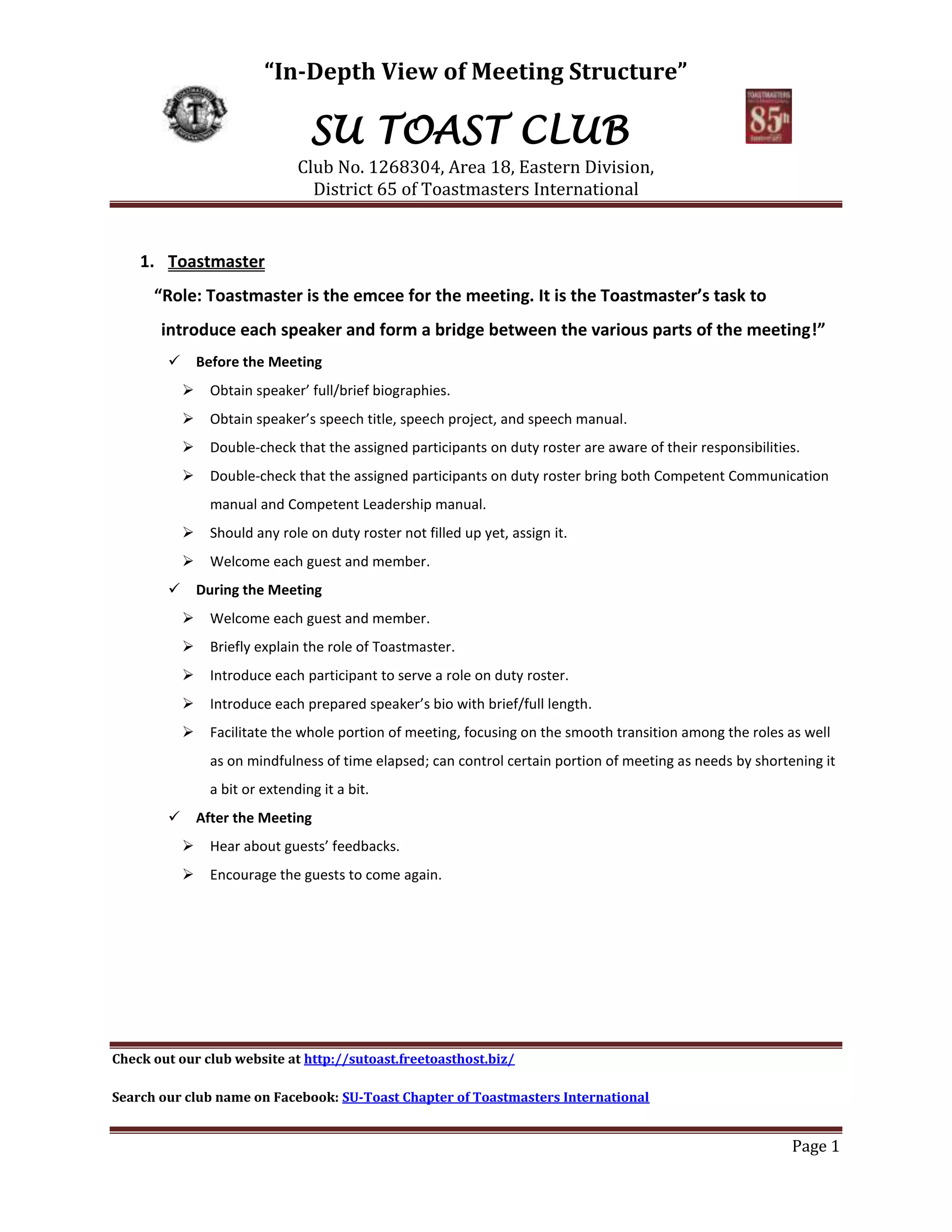 SU Toast Toastmasters' Details in Meeting Roles | DOCX