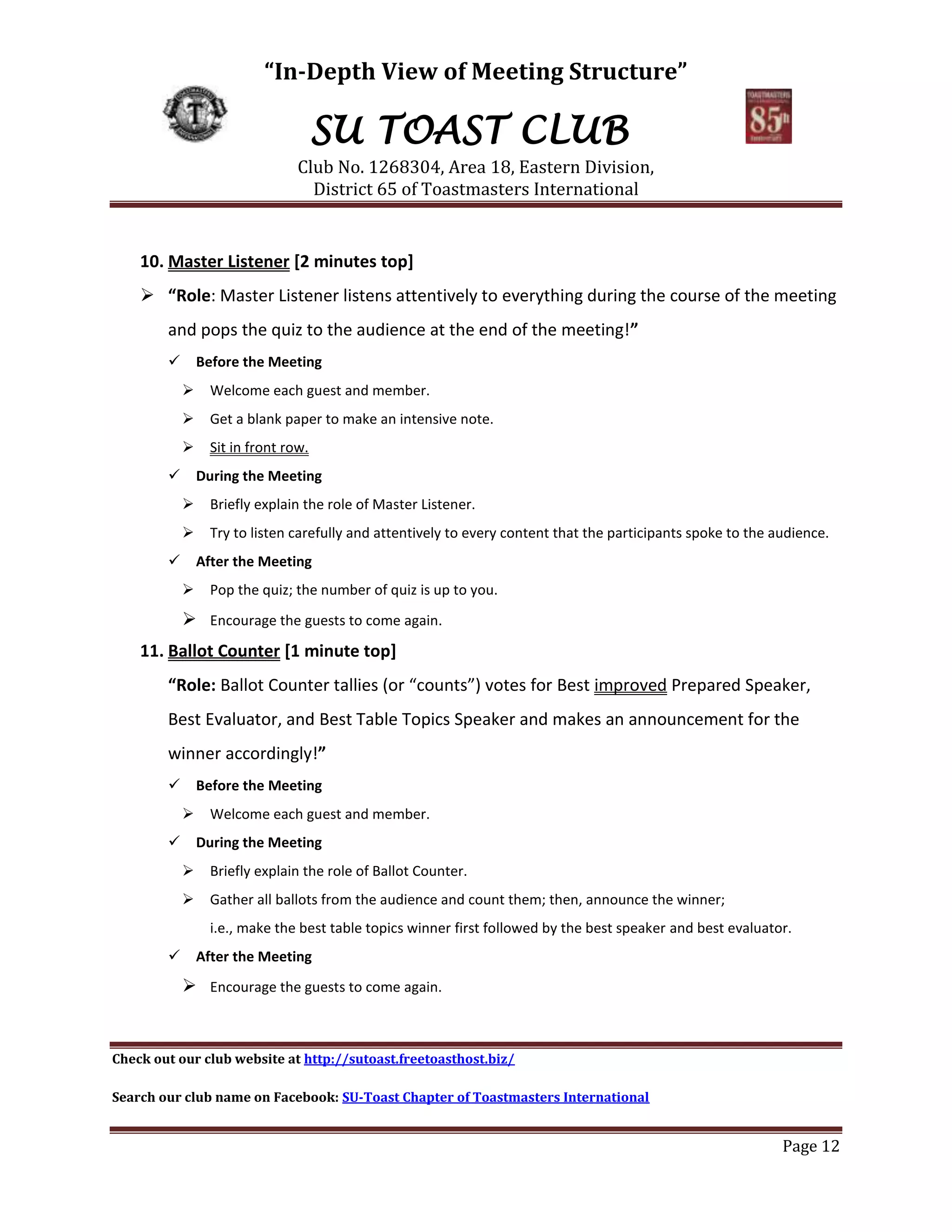 SU Toast Toastmasters' Details in Meeting Roles | DOCX