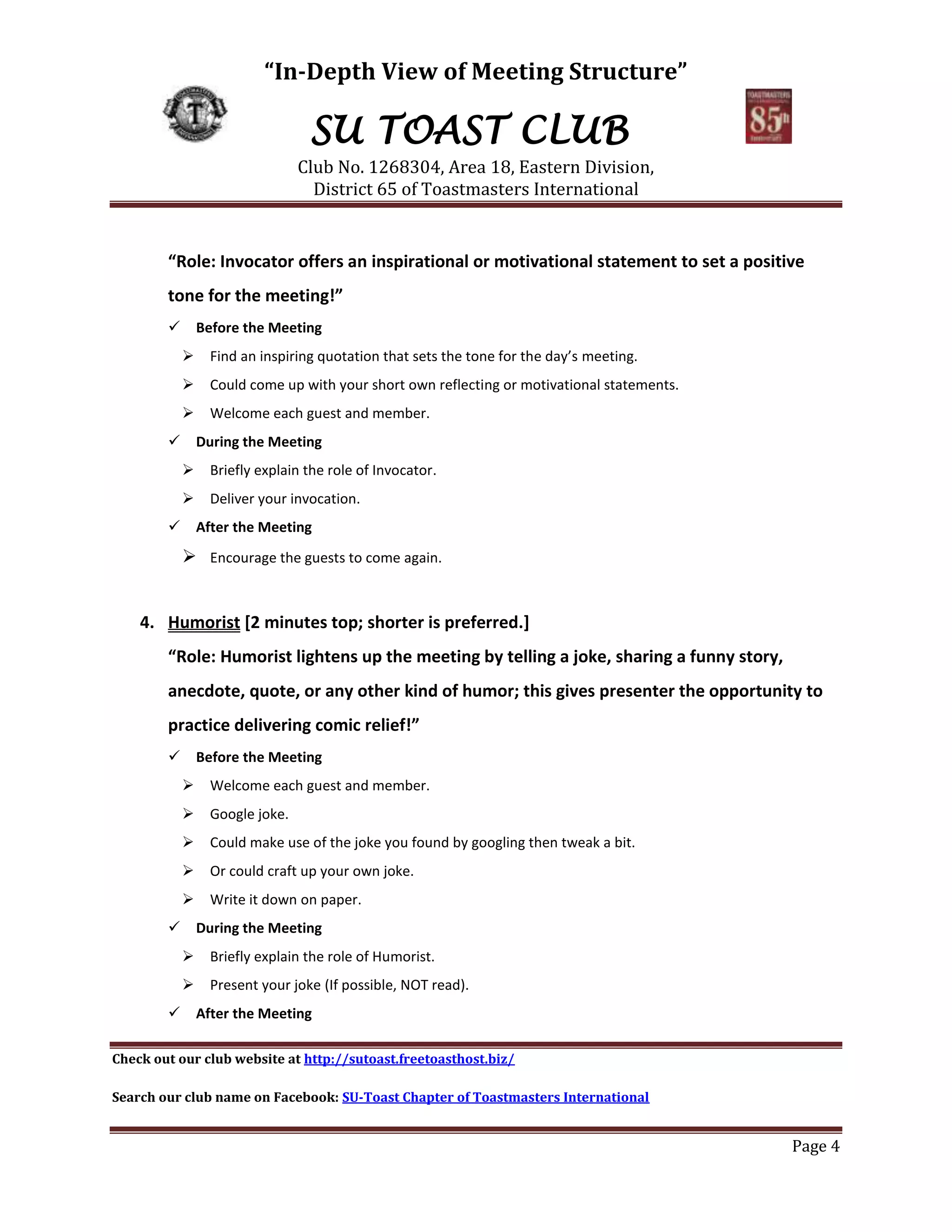 SU Toast Toastmasters' Details in Meeting Roles | DOCX