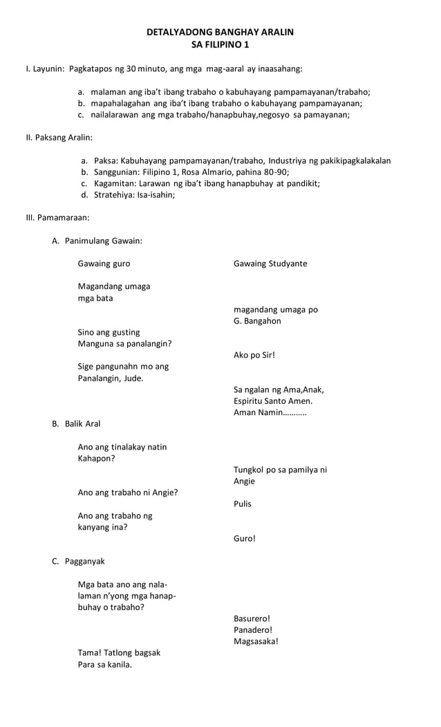 Detalyadong banghay aralin | DOCX