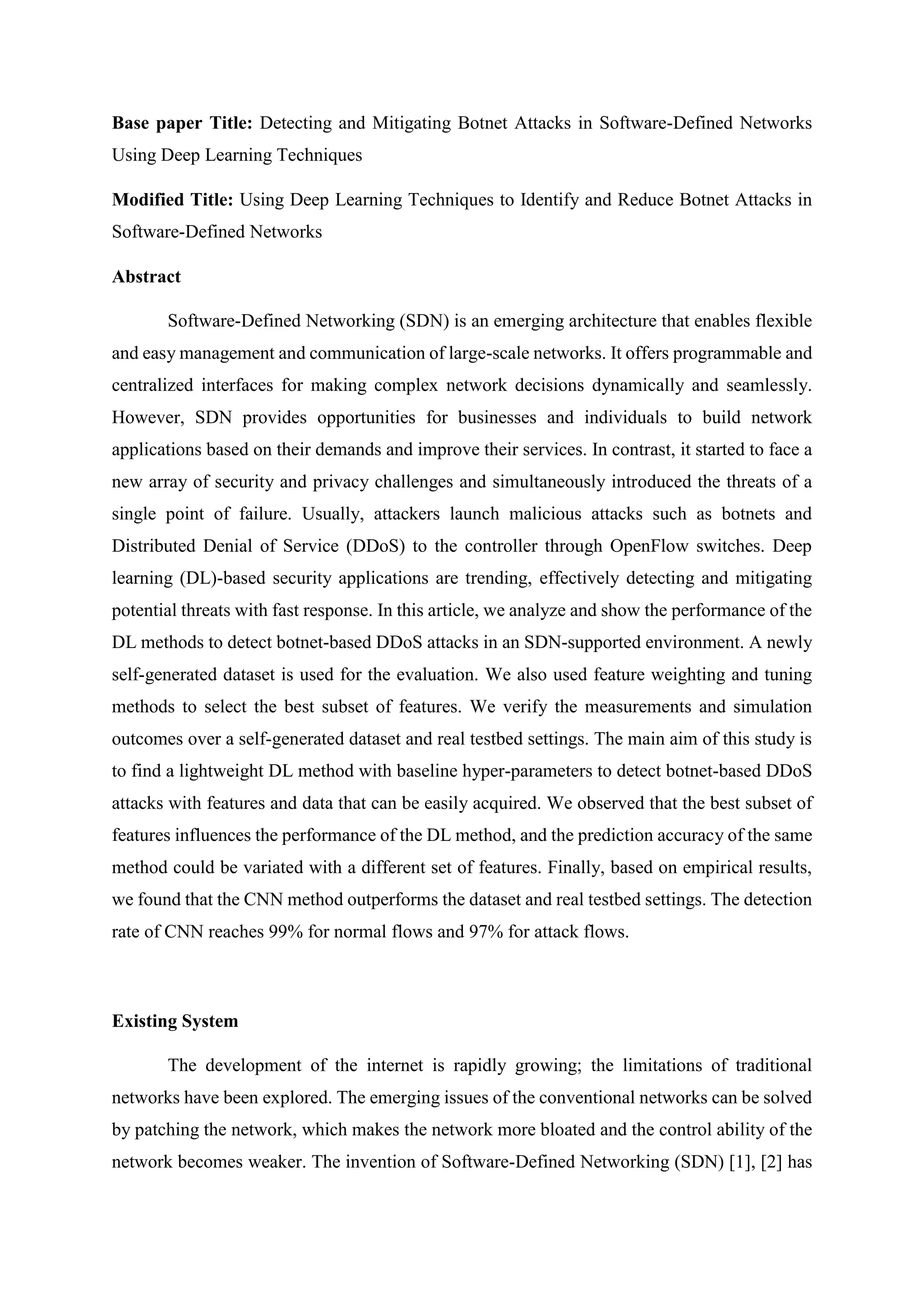 Detecting And Mitigating Botnet Attacks In Software Defined Networks Using Deep Learning