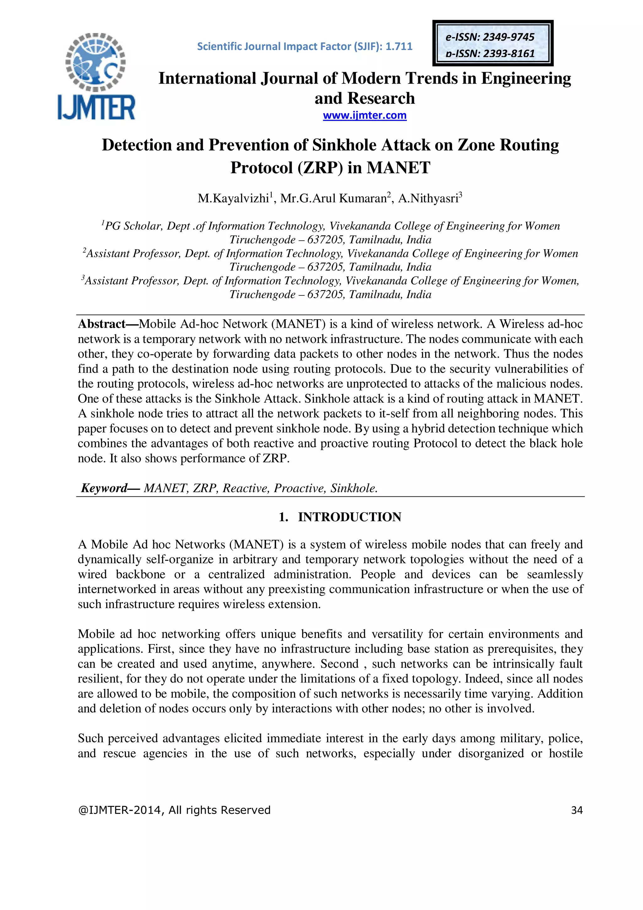 Detection And Prevention Of Sinkhole Attack On Zone Routing Protocol