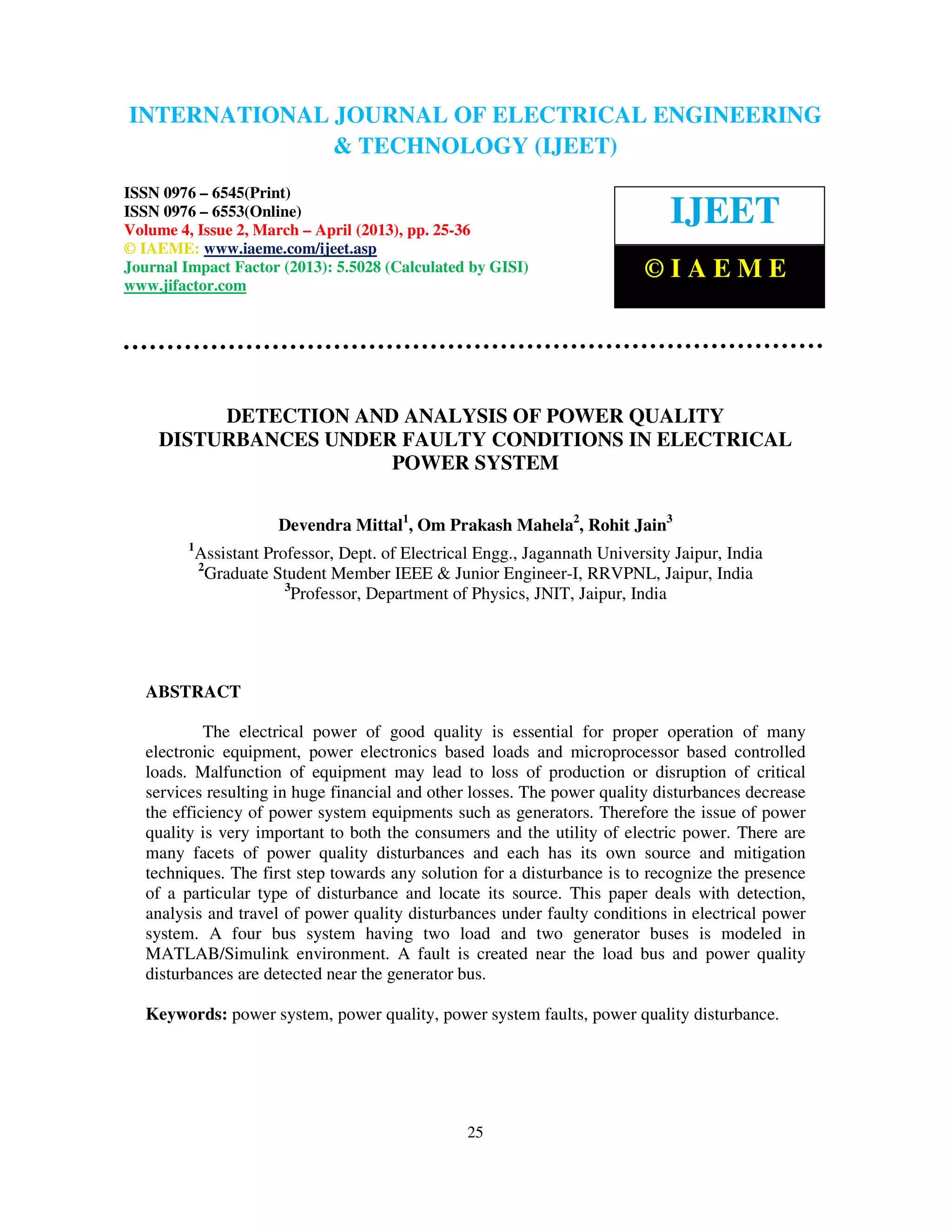 Detection and analysis of power quality disturbances under faulty ...