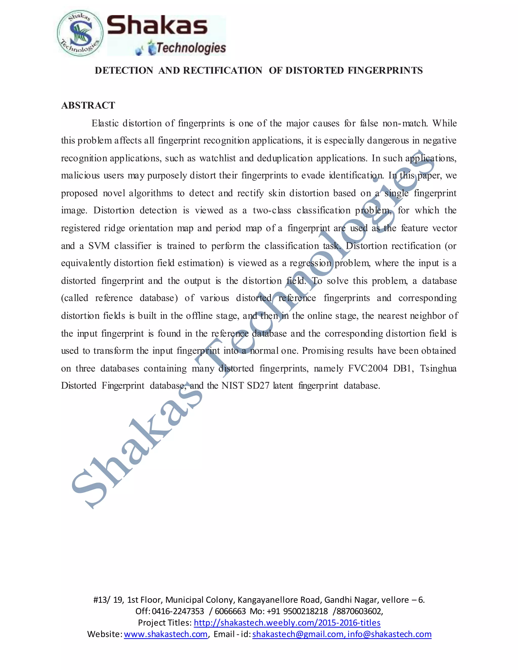Detection and rectification of distorted fingerprints | DOCX | Databases | Computer Software and ...